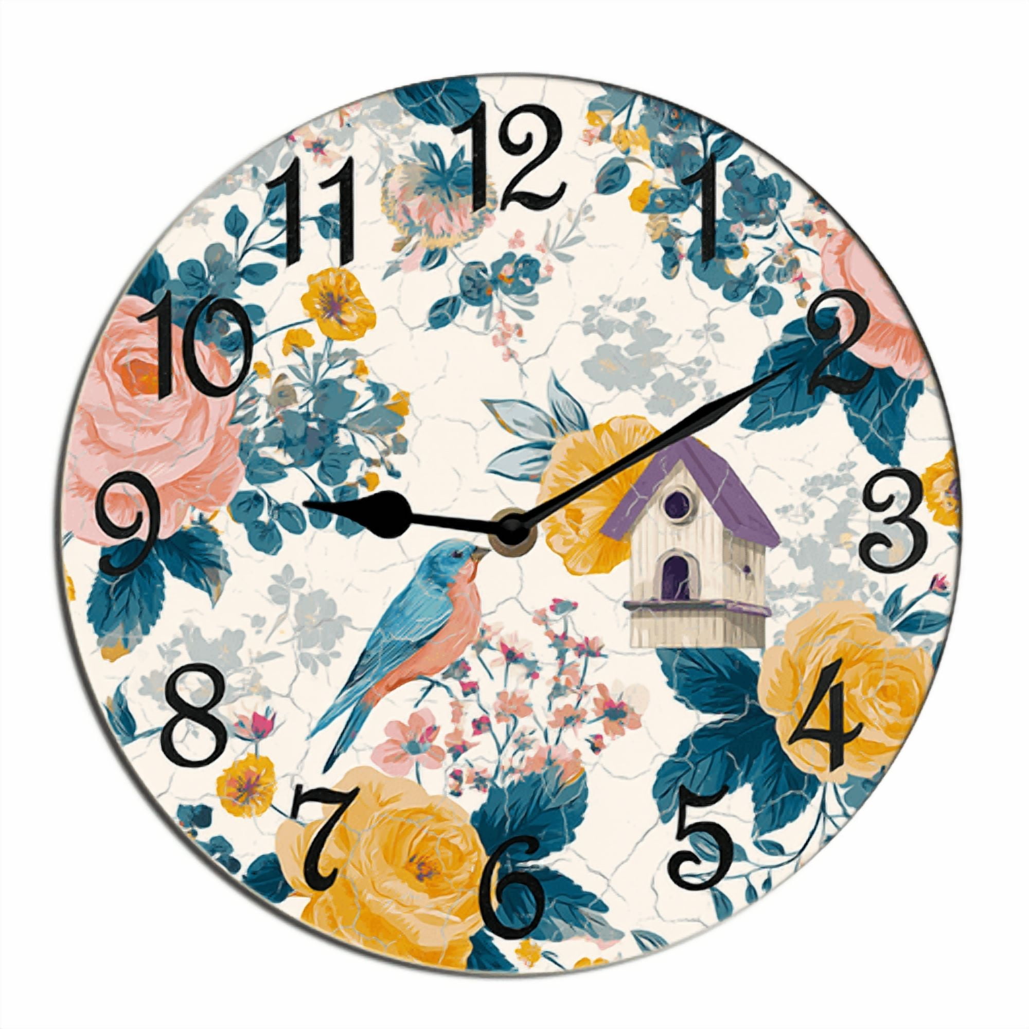 Kurmntregon Bird House Wall Clock Spring Bird Floral Wooden Silent Non ...