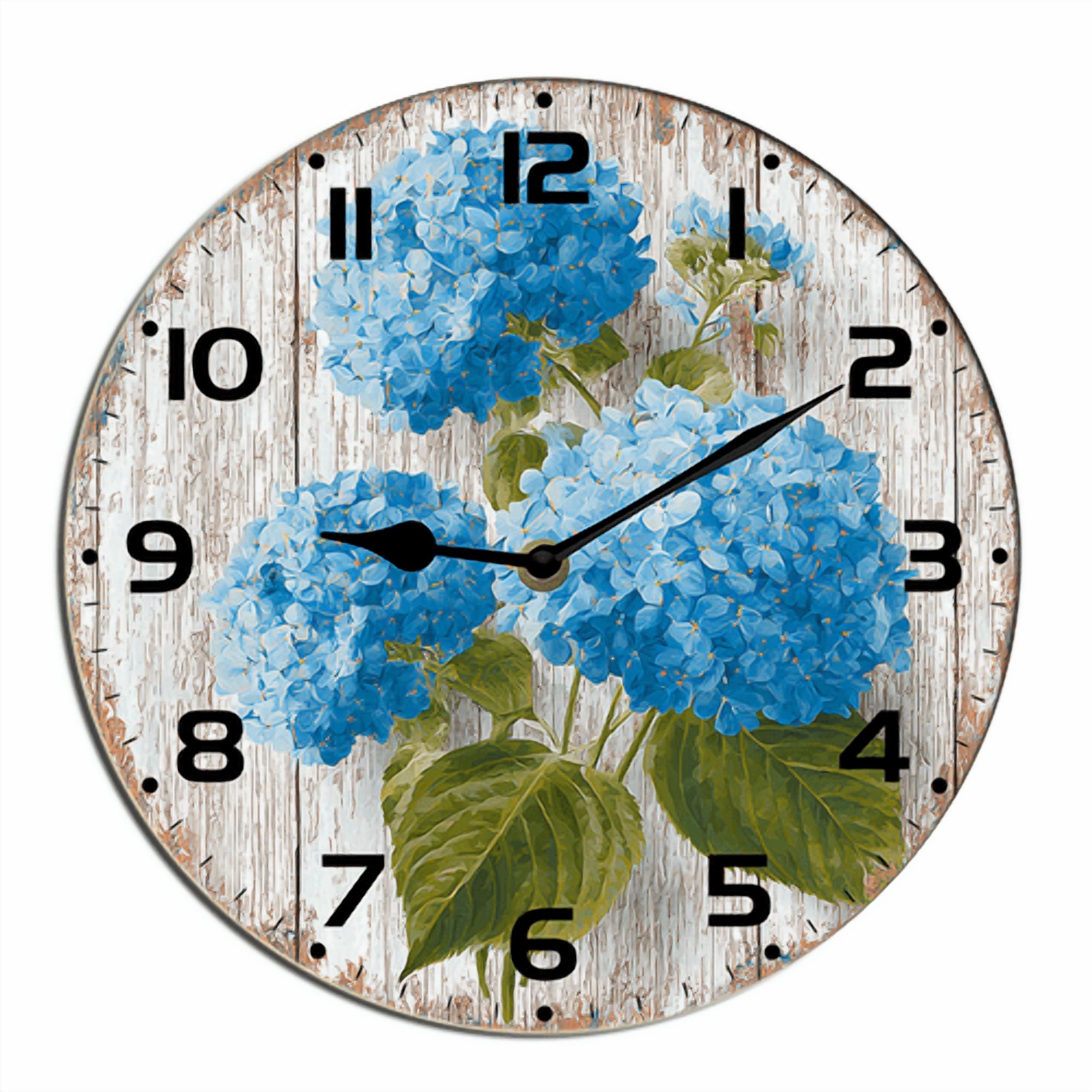 Kurmntregon Blue Hydrangea Wall Clock Summer Floral Wooden Desk Kitchen ...