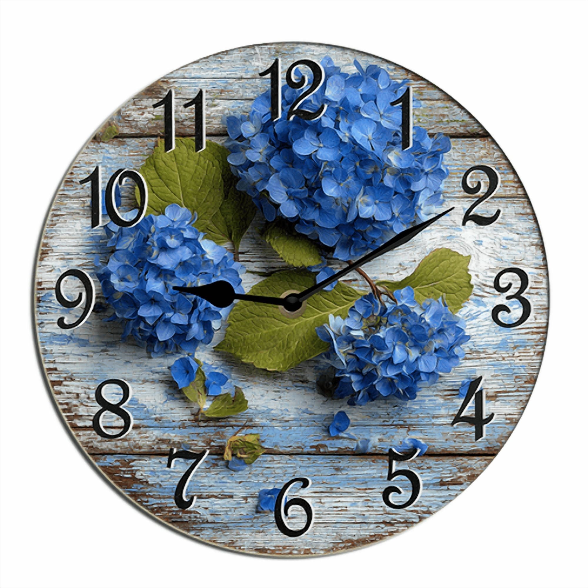 Kurmntregon Blue Hydrangea Wall Clock Summer Floral Wooden For Kitchen ...