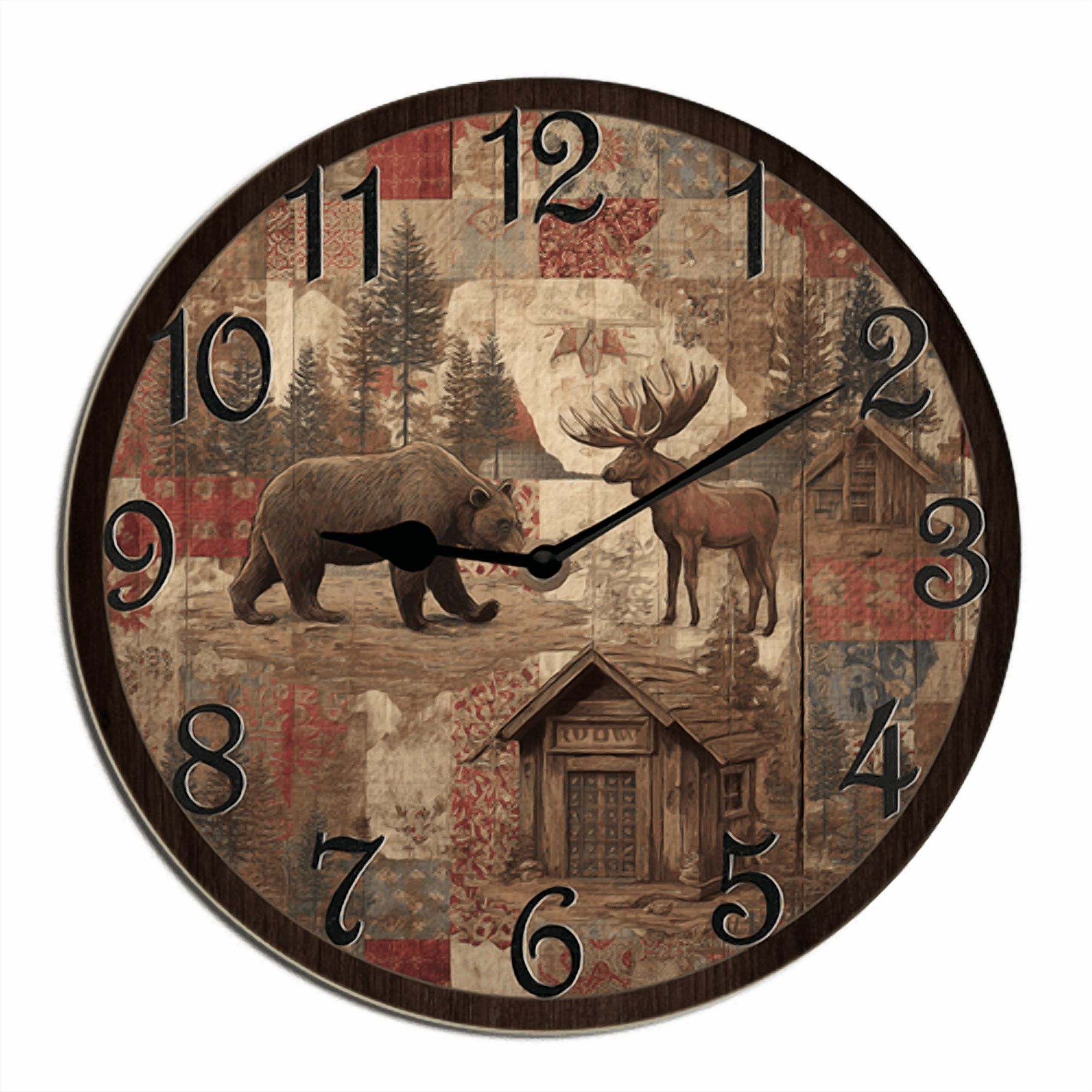 Kurmntregon Cabin Bear Wall Clock Forest Wildlife Mountain Lodge Wooden ...