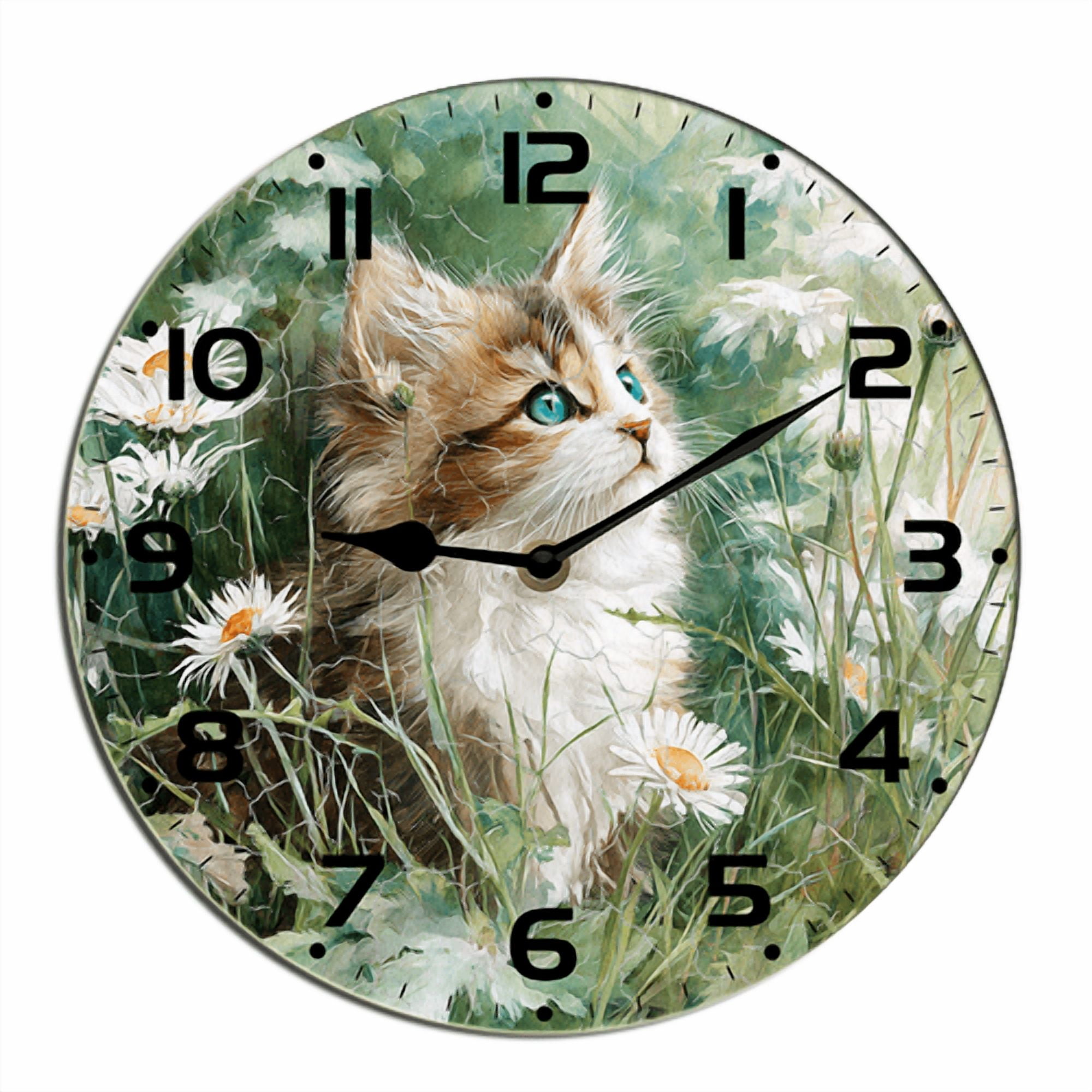 Kurmntregon Cat Wall Clock Daisy Floral Wooden Desk Kitchen Decor ...