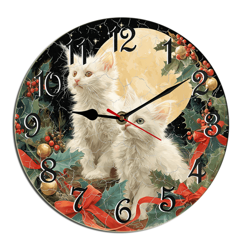 Kurmntregon Christmas Cat Wall Clock Xmas Pet Animal Holly For Kitchen ...