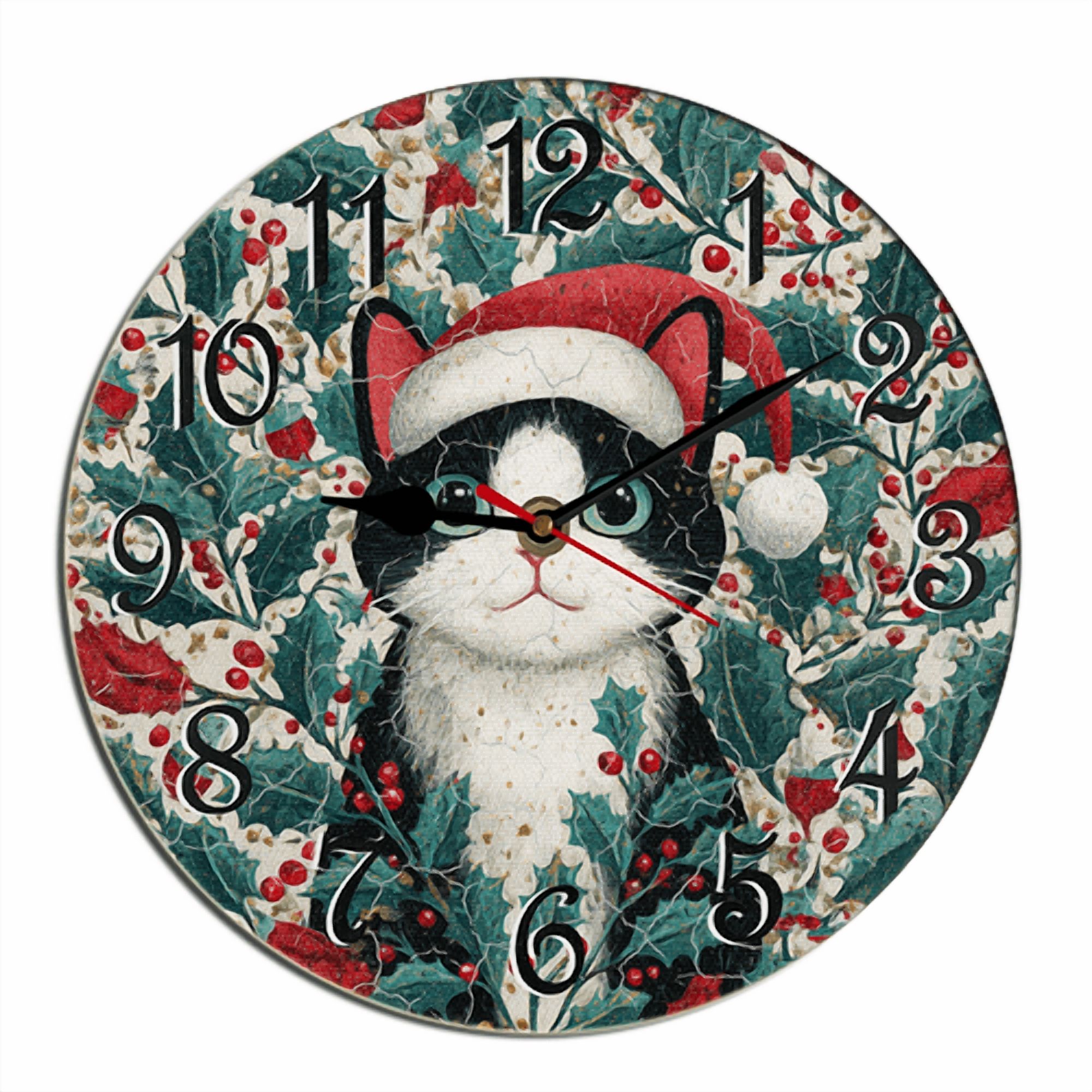 Kurmntregon Christmas Cat Wall Clock Xmas Pet Animal Holly Non Ticking ...