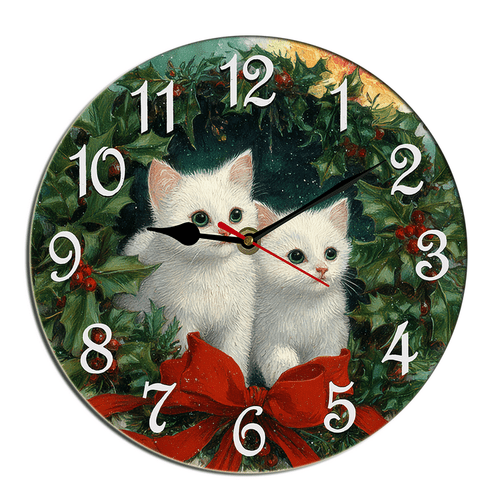 Kurmntregon Christmas Cat Wall Clock Xmas Pet Animal Holly Wooden ...