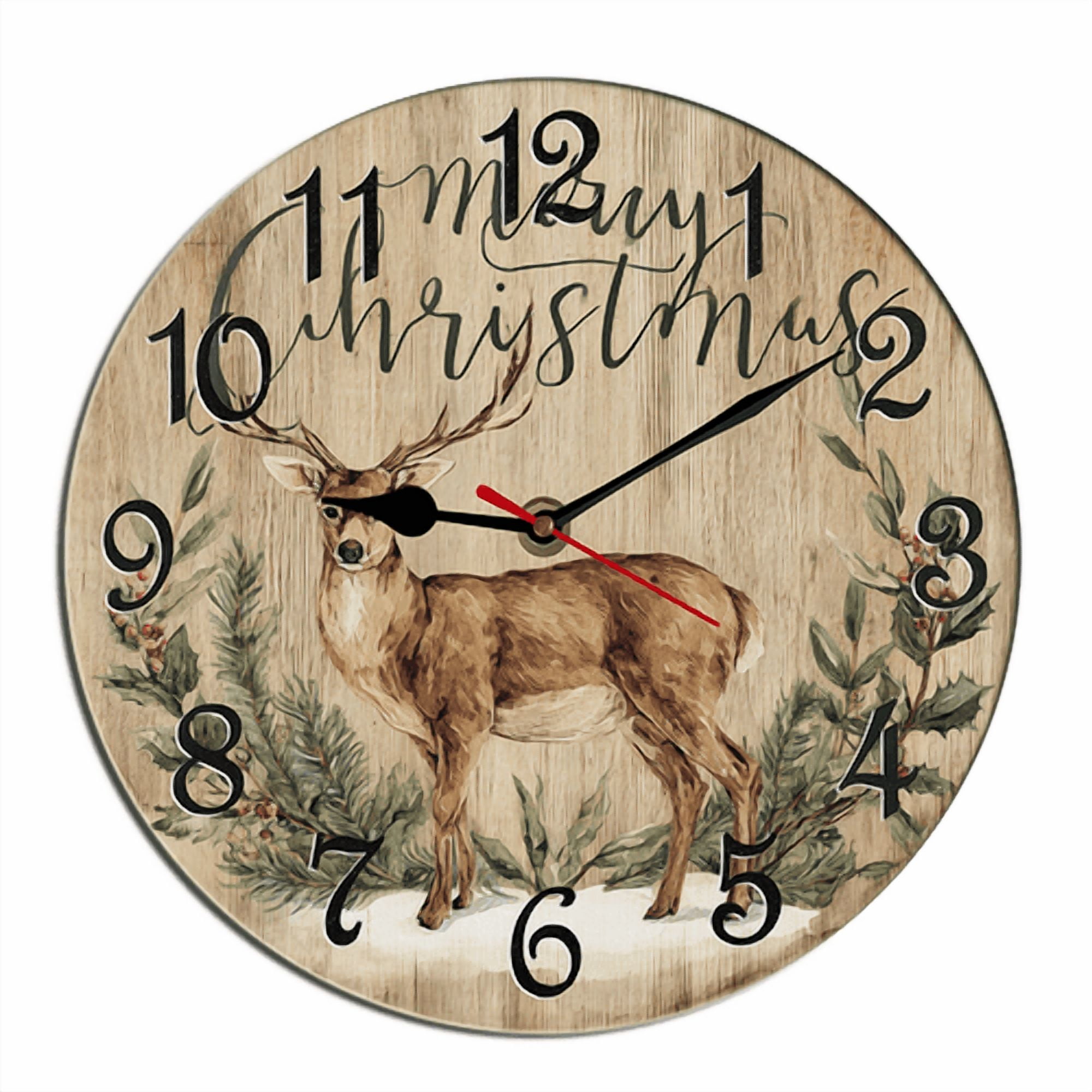 Kurmntregon Christmas Reindeer Wall Clock Xmas Winter Elk Wooden Silent ...