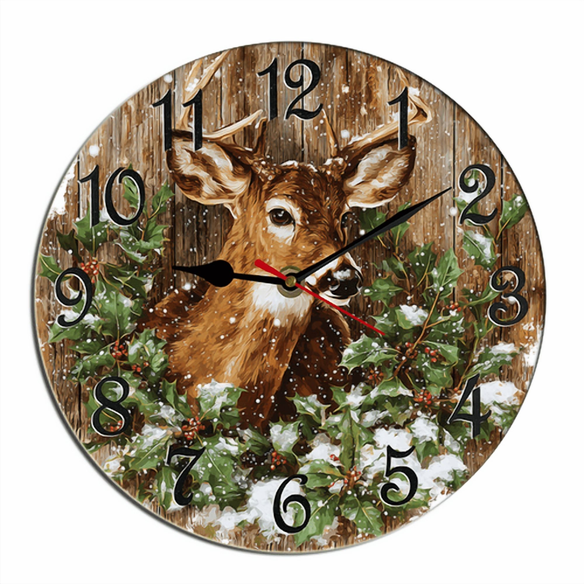 Kurmntregon Christmas Reindeer Wall Clock Xmas Winter Elk Wooden Silent ...