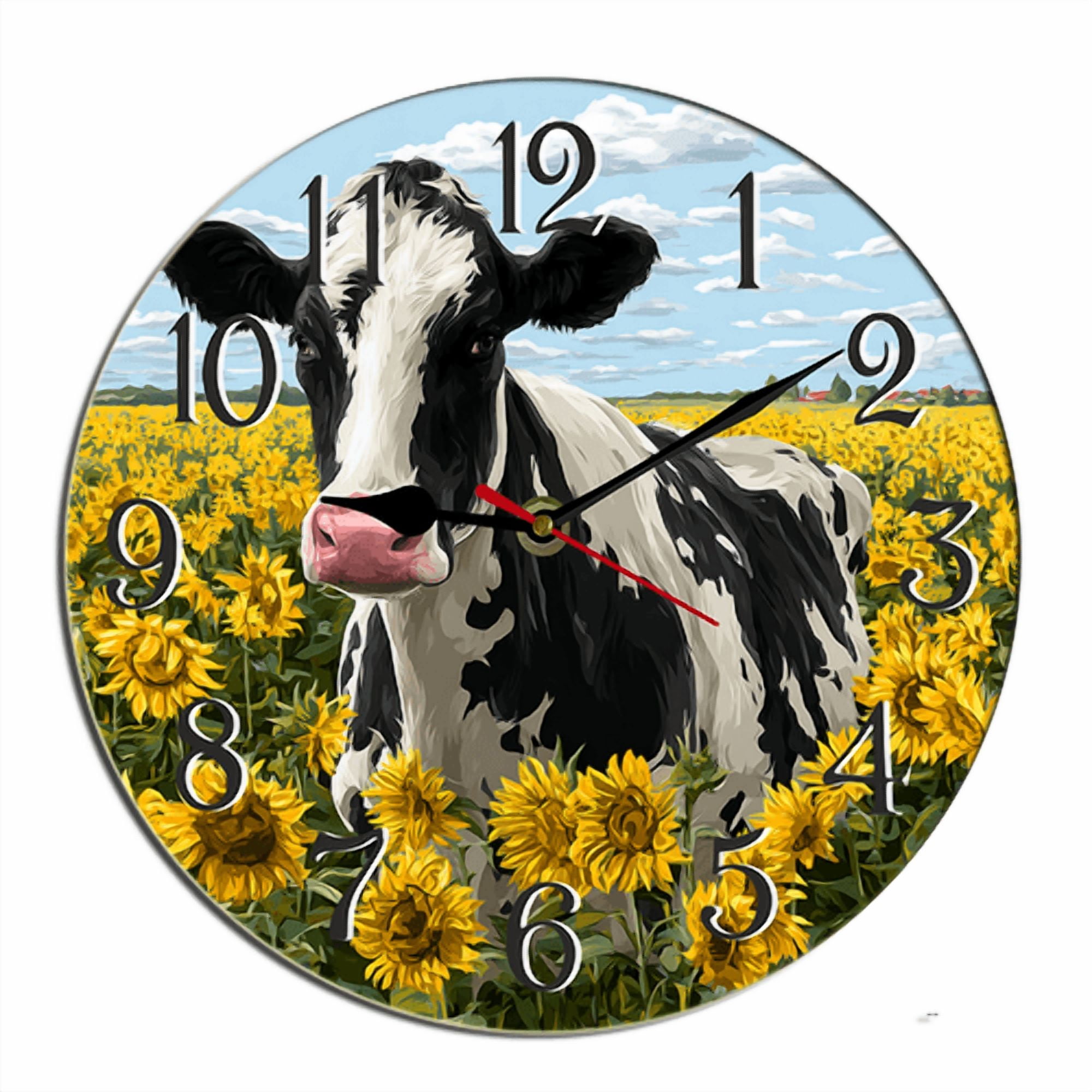 Kurmntregon Cow Sunflowers Wall Clock Cute Cow Wooden Spring Decorative ...