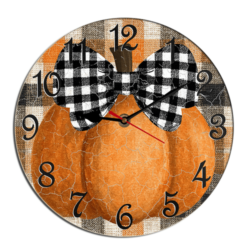 Kurmntregon Fall Pumpkin Wall Clock Autumn Pumpkin Plaid Bow Wooden ...