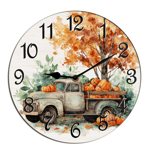 Kurmntregon Fall Pumpkin Wall Clock Old Truck Autumn Leaves Wooden ...