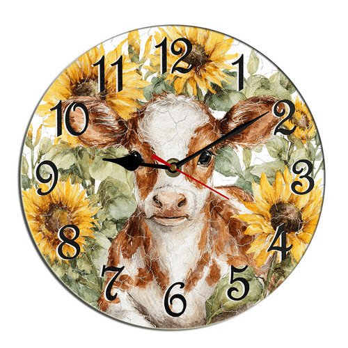Kurmntregon Farm Cow Sunflower Wall Clock Farm Animal Spring Wooden ...