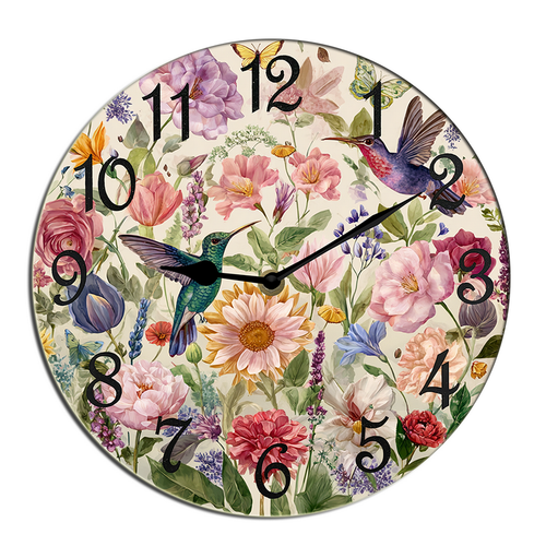 Kurmntregon Floral Hummingbird Wall Clock Wooden Silent Non-Ticking ...