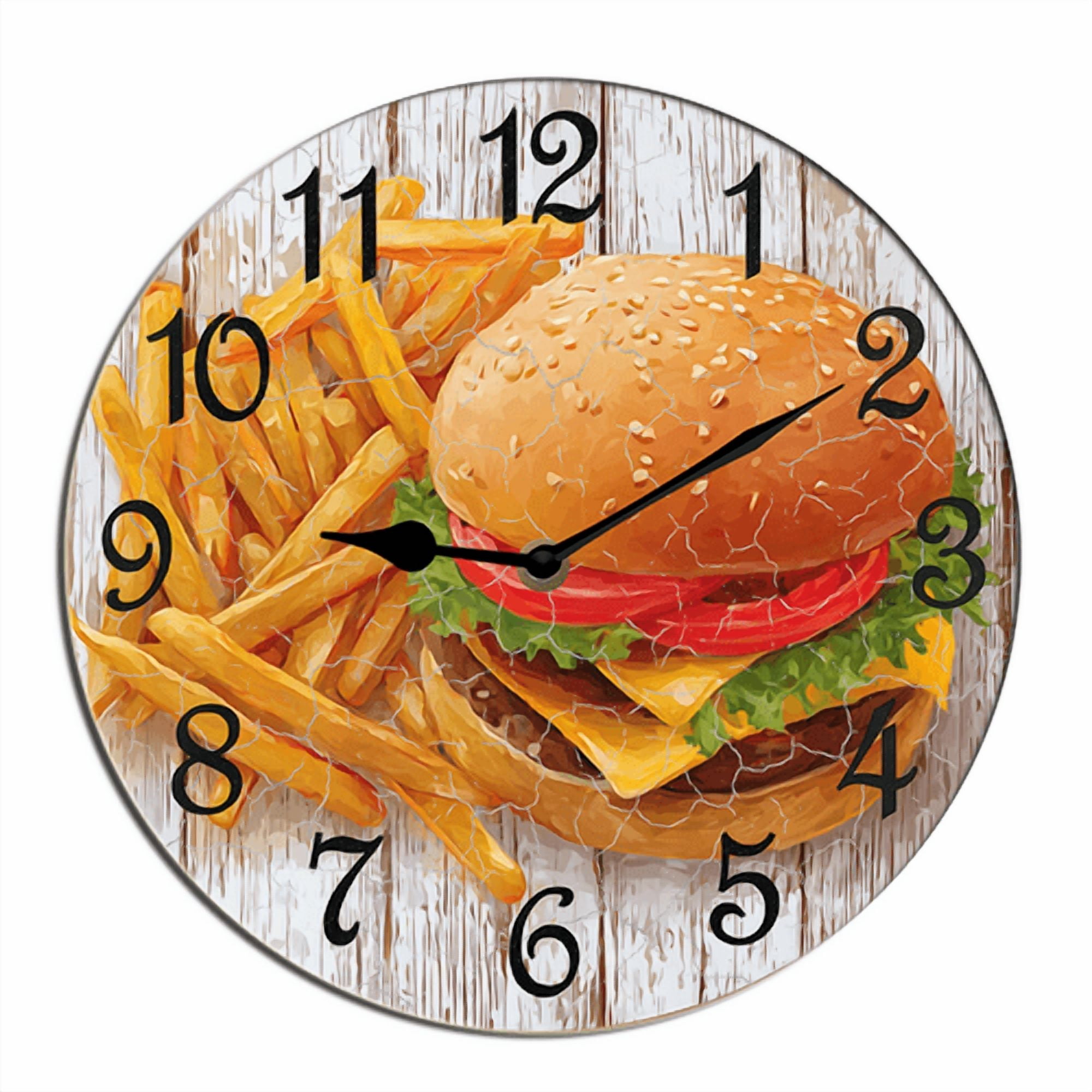 Kurmntregon Hamburger Wall Clock French Fries Fast Food Wooden Silent ...