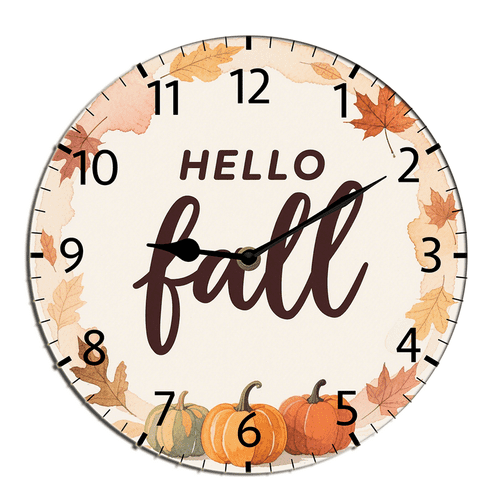Kurmntregon Hello Fall Wall Clock Autumn Pumpkin Leaves Wooden Desk ...