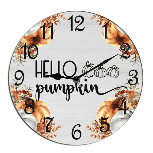 Kurmntregon Hello Pumpkin Wall Clock Fall Thanksgiving Wooden Kitchen ...