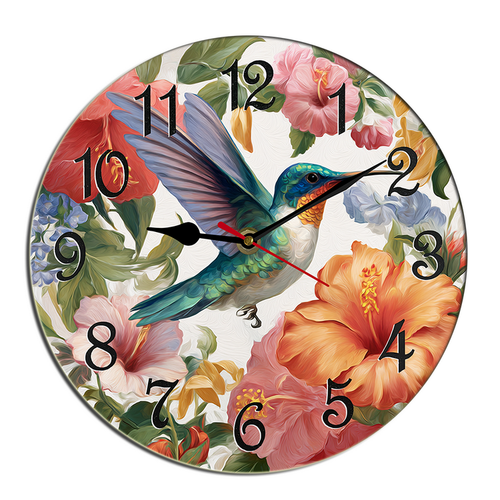Kurmntregon Hummingbird Floral Wall Clock Round 12" Wooden Decorative ...