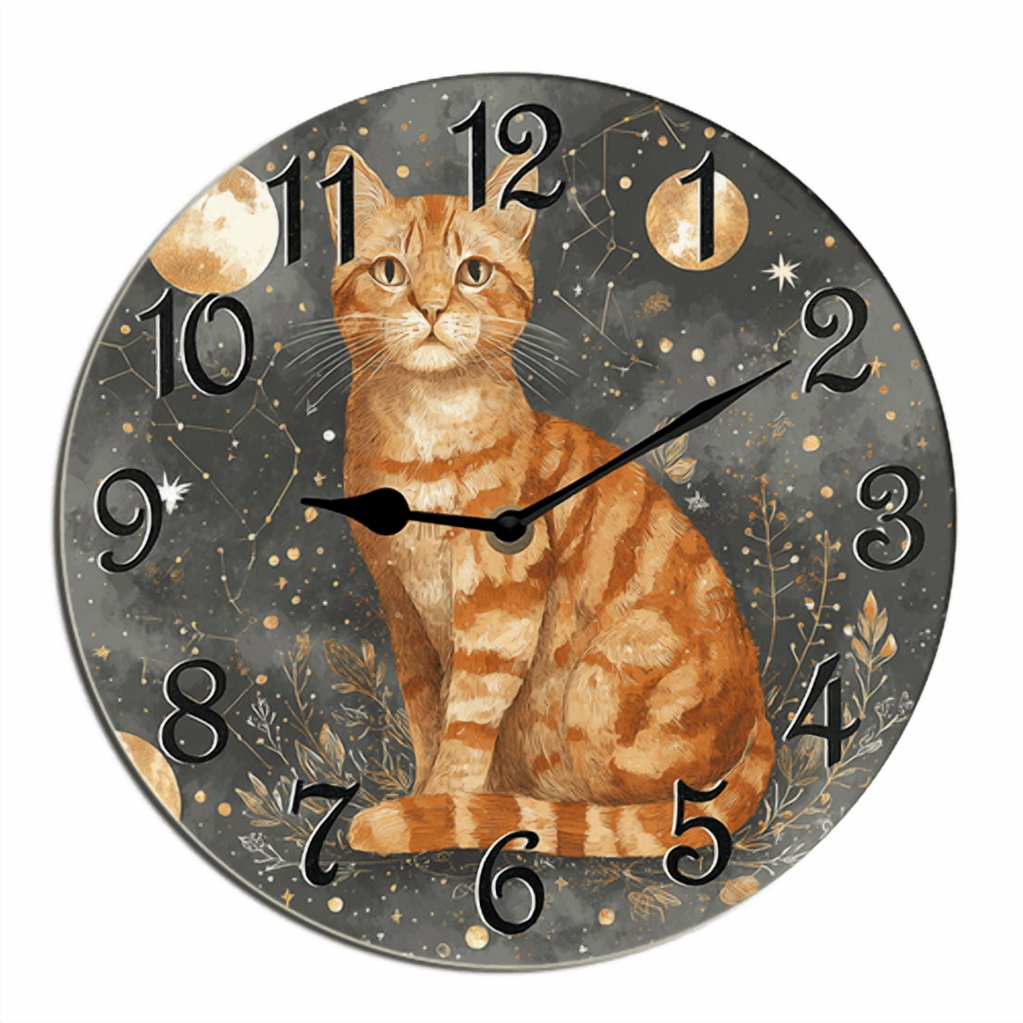 Kurmntregon Moon Star Cat Wall Clock Planetary Universe Wooden Silent ...