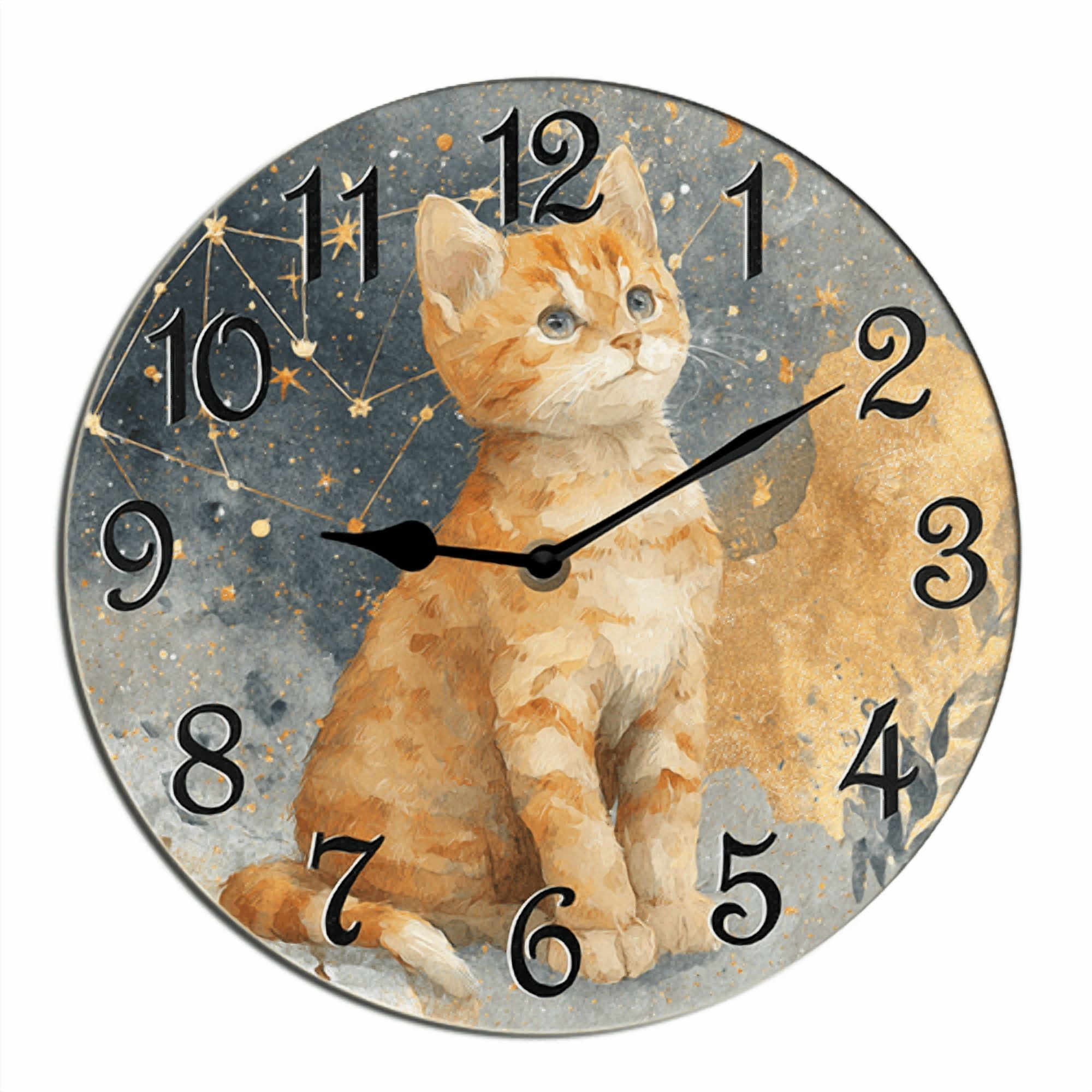 Kurmntregon Moon Star Cat Wall Clock Planetary Universe Wooden Silent ...