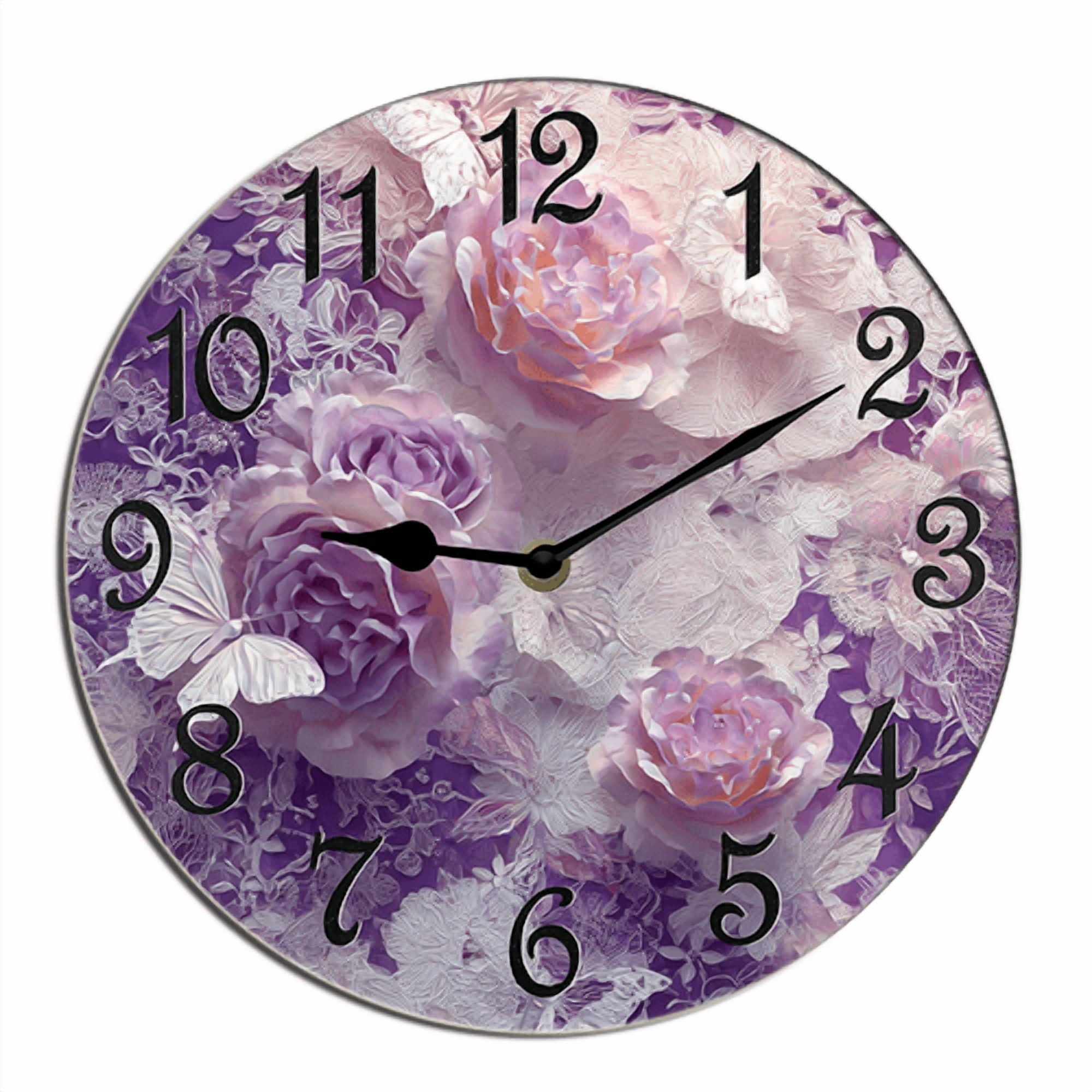 Kurmntregon Rose Butterfly Wall Clock Summer Floral Non Ticking Silent ...
