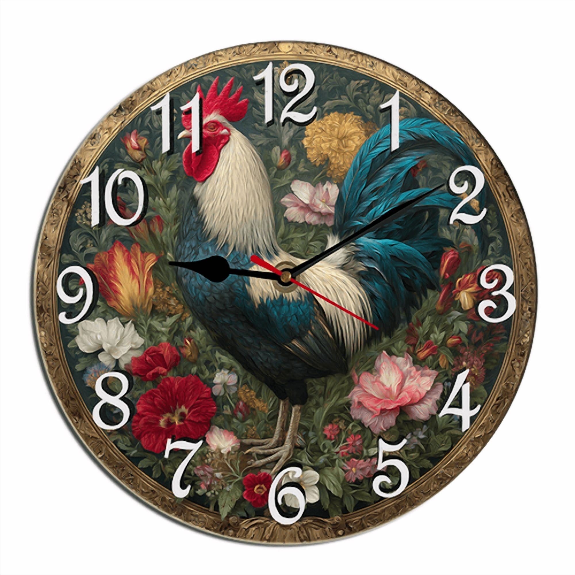 Kurmntregon Rustic Rooster Wall Clock Farm Chicken Wooden Xmas New Year ...