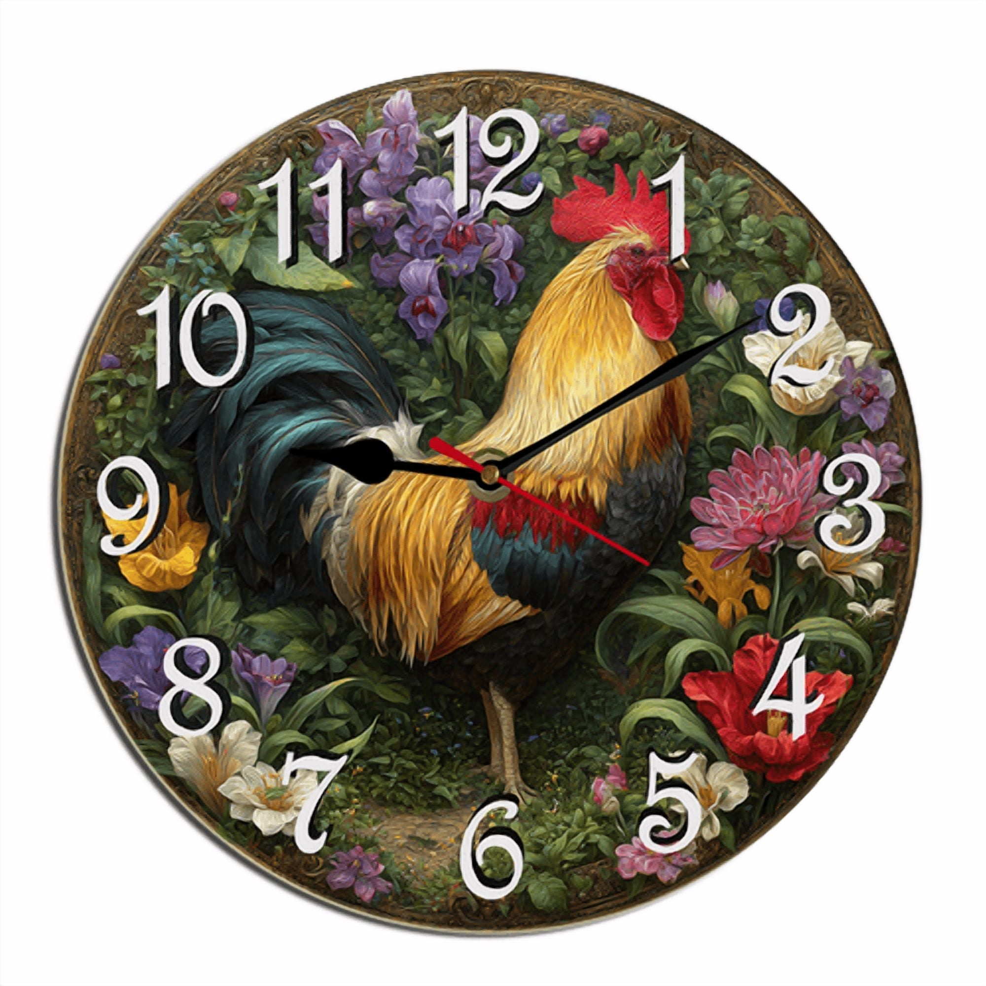 Kurmntregon Rustic Vintage Rooster Wall Clock Farm Chicken Wooden Xmas ...