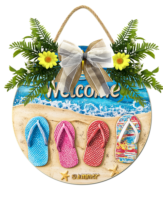 Kurmntregon Welcome Summer Wooden Sign Summer Beach Welcome Sign Wreath ...
