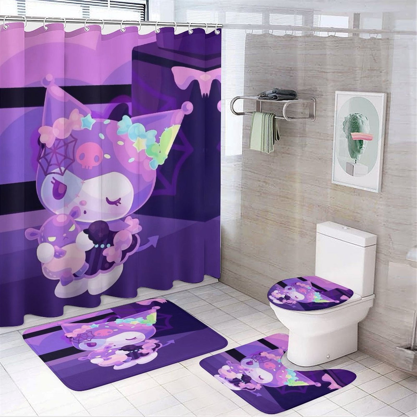 Kuromi 4 Piece Bathroom Set, Shower Curtain Non-Slip Rugs, Toilet Lid ...