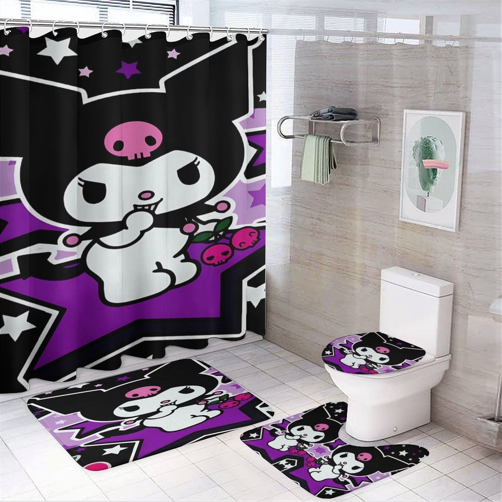 Kuromi 4 Piece Bathroom Set, Shower Curtain Non-Slip Rugs, Toilet Lid ...