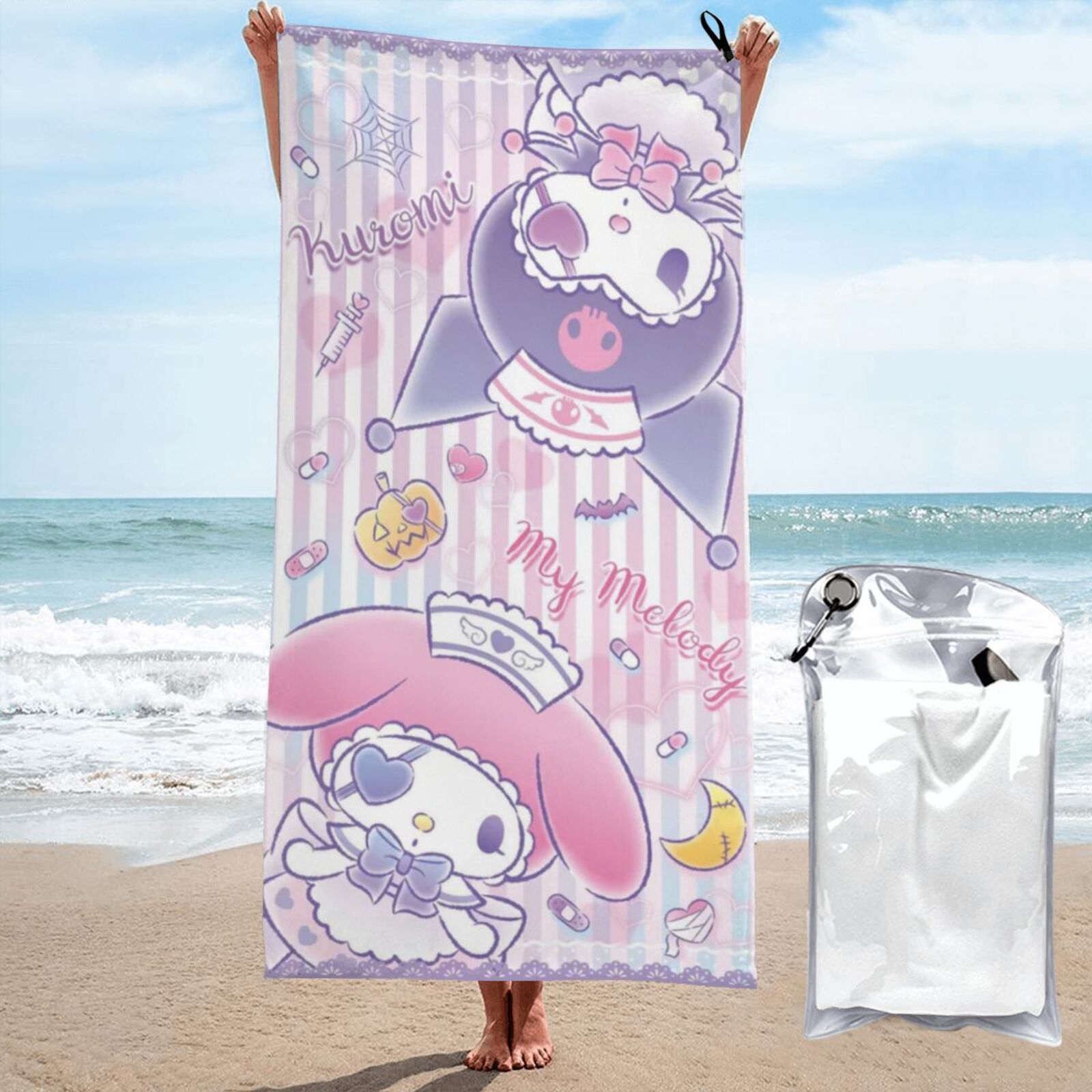 Kuromi And Melody Beach Towel Absorbent Large Towel 3D Cartoon Towel ...