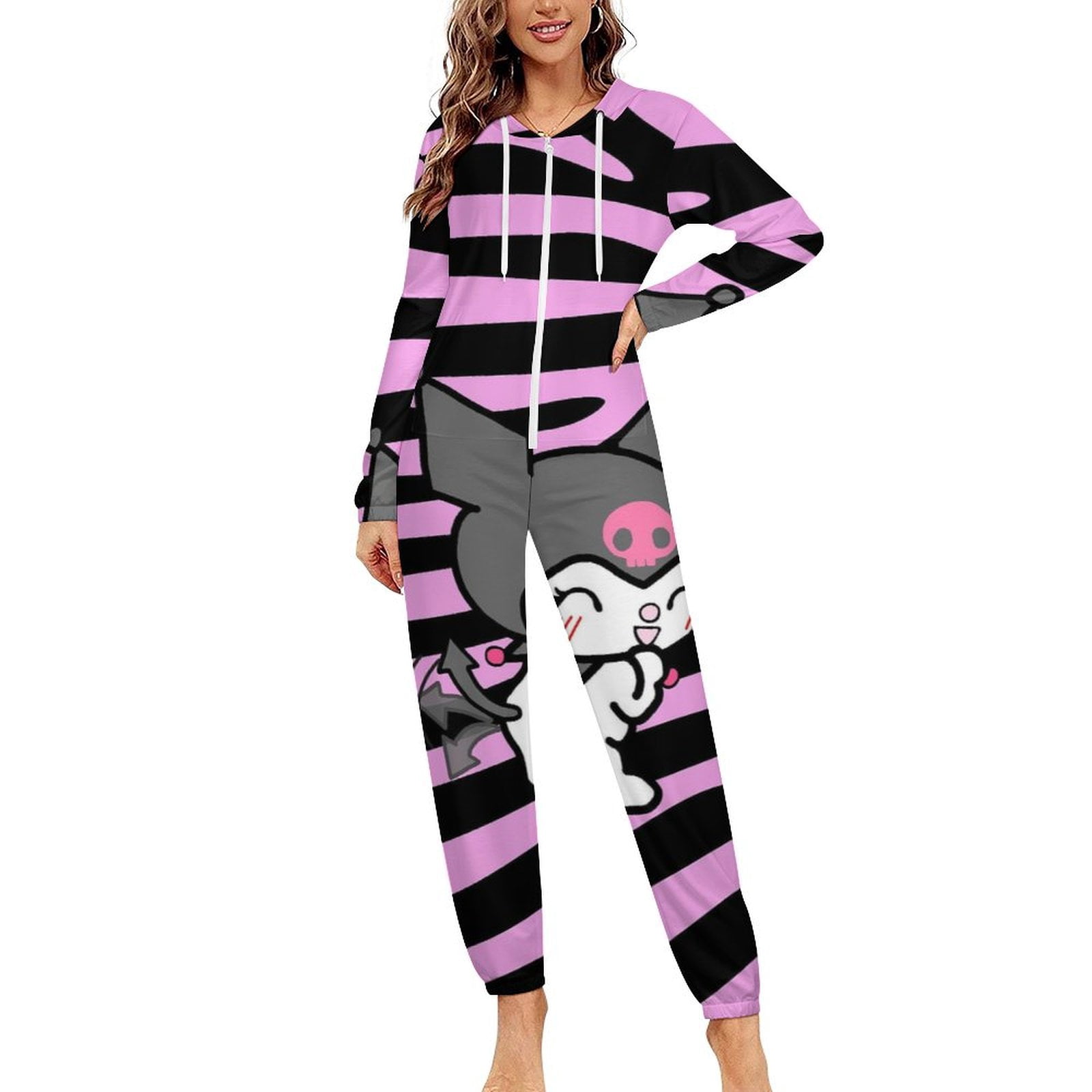 Kuromi And My Melody Unisex Onesie Pajamas Zipper Jumpsuit Hooded One ...