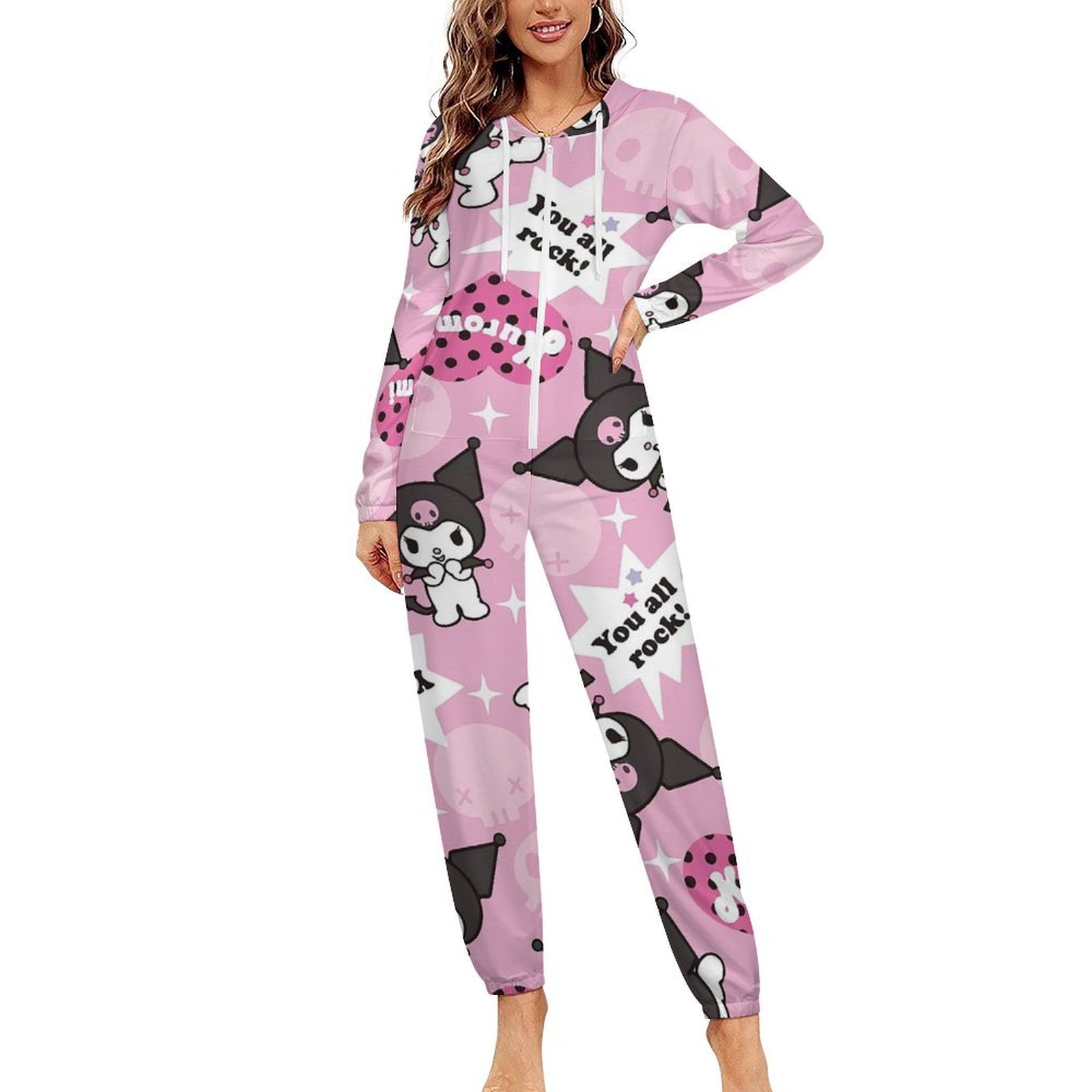 Kuromi And My Melody Unisex Onesie Pajamas Zipper Jumpsuit Hooded One ...