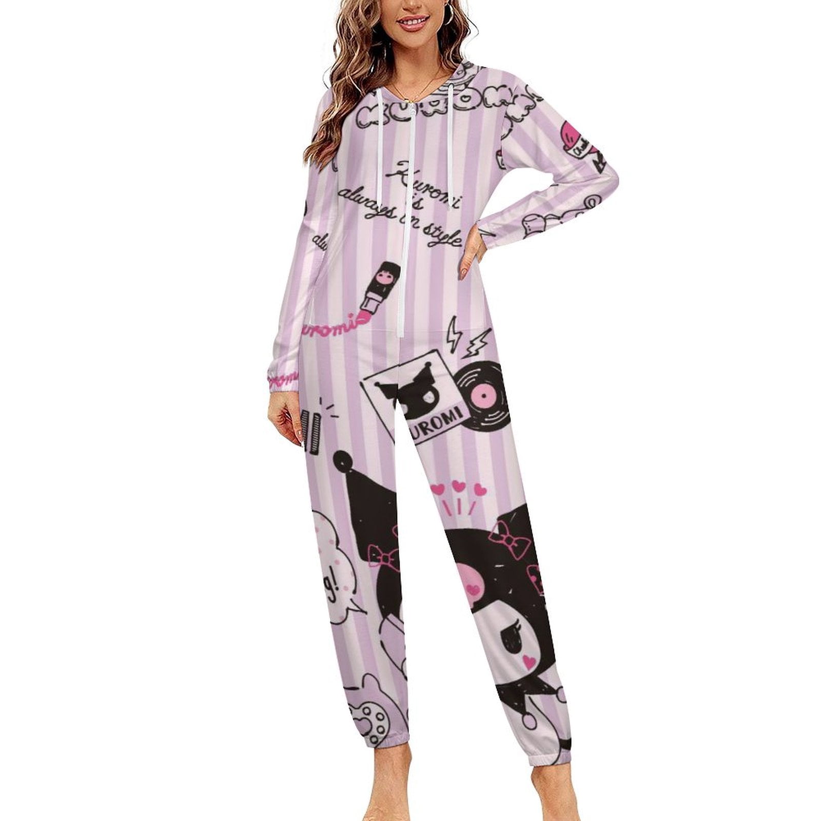 Kuromi And My Melody Unisex Onesie Pajamas Zipper Jumpsuit Hooded One ...