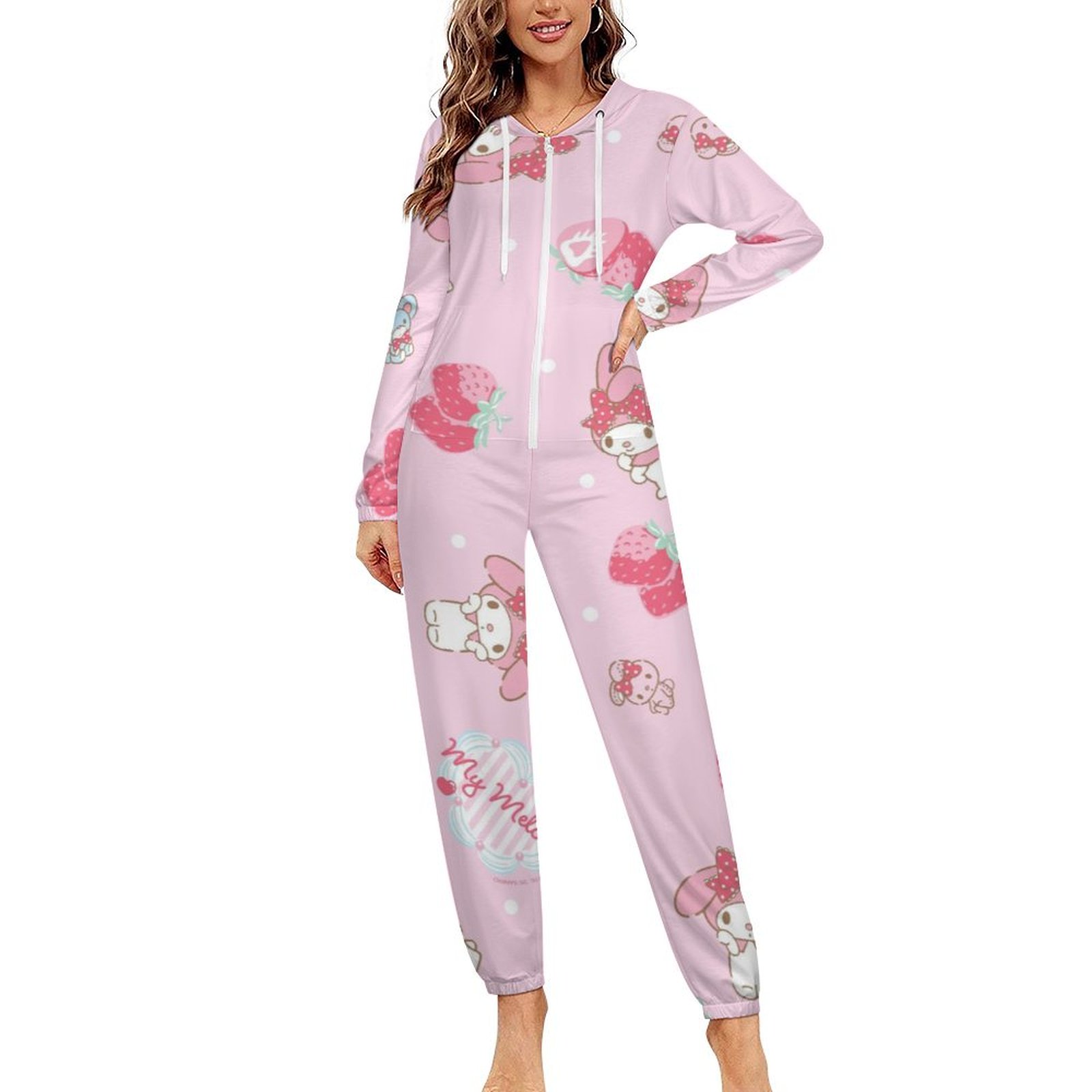 Kuromi And My Melody Unisex Onesie Pajamas Zipper Jumpsuit Hooded One ...