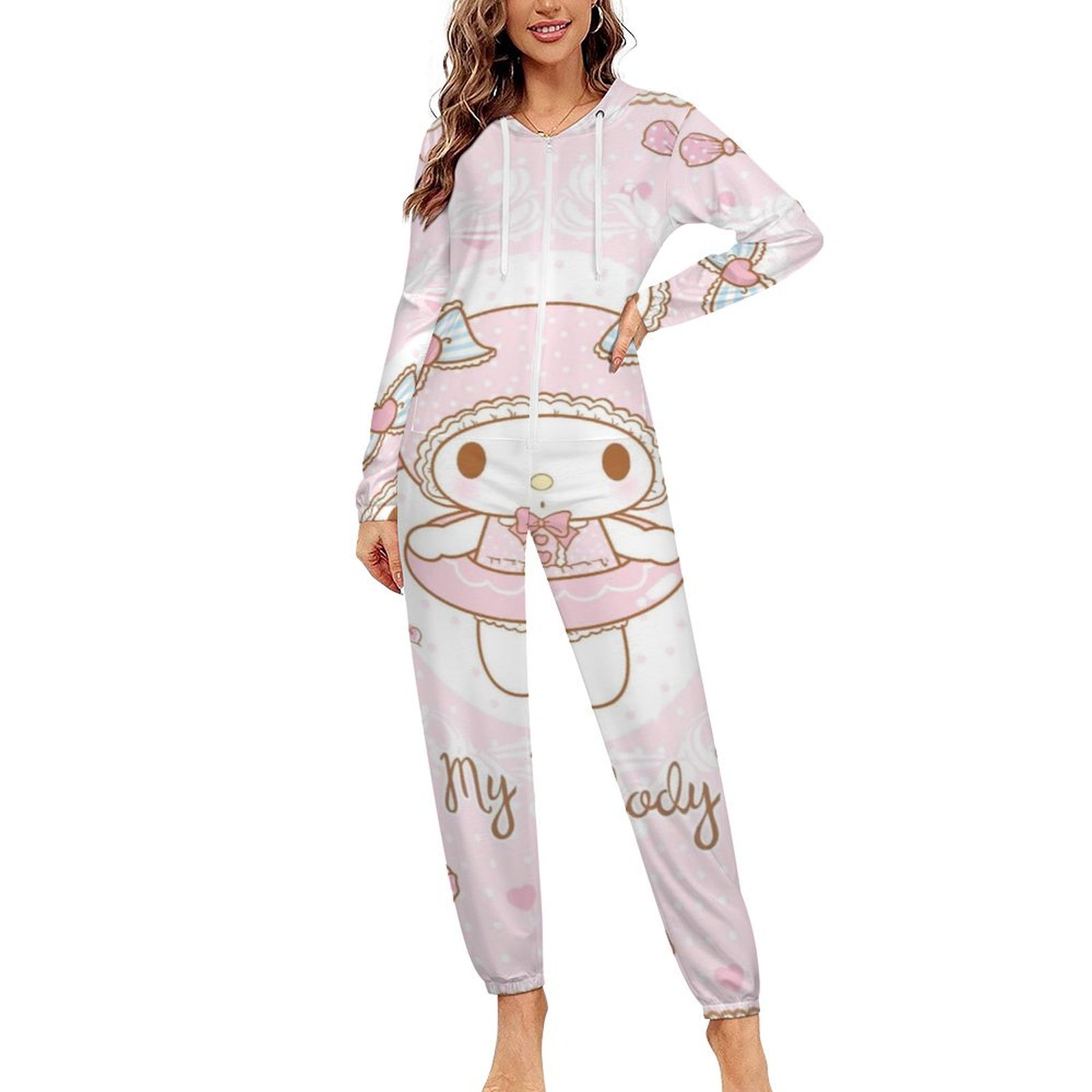 Kuromi And My Melody Unisex Onesie Pajamas Zipper Jumpsuit Hooded One ...