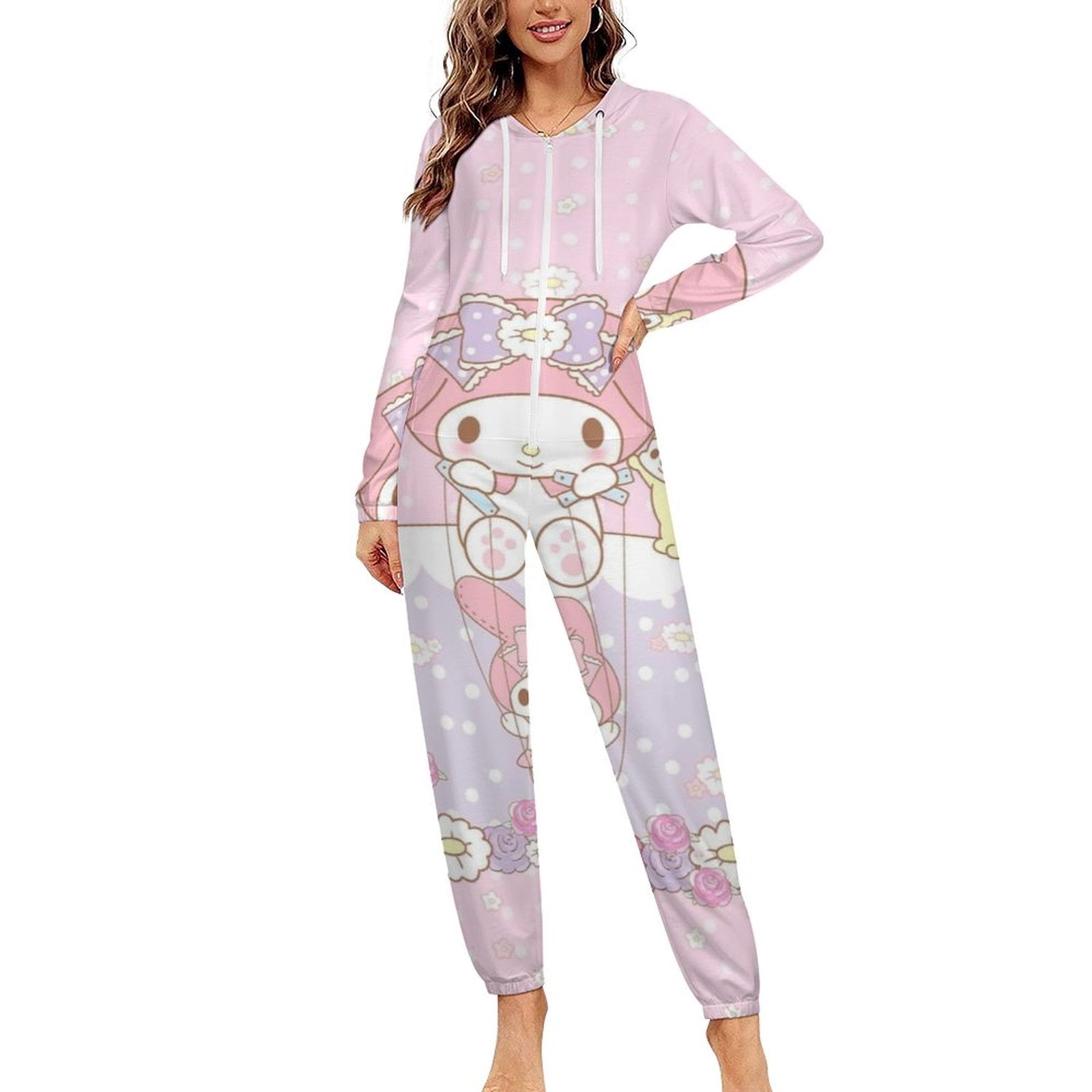 Kuromi And My Melody Unisex Onesie Pajamas Zipper Jumpsuit Hooded One ...