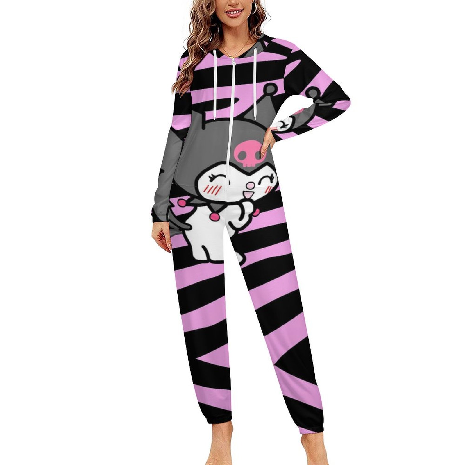 Kuromi And My Melody Unisex Onesie Pajamas Zipper Jumpsuit Hooded One ...
