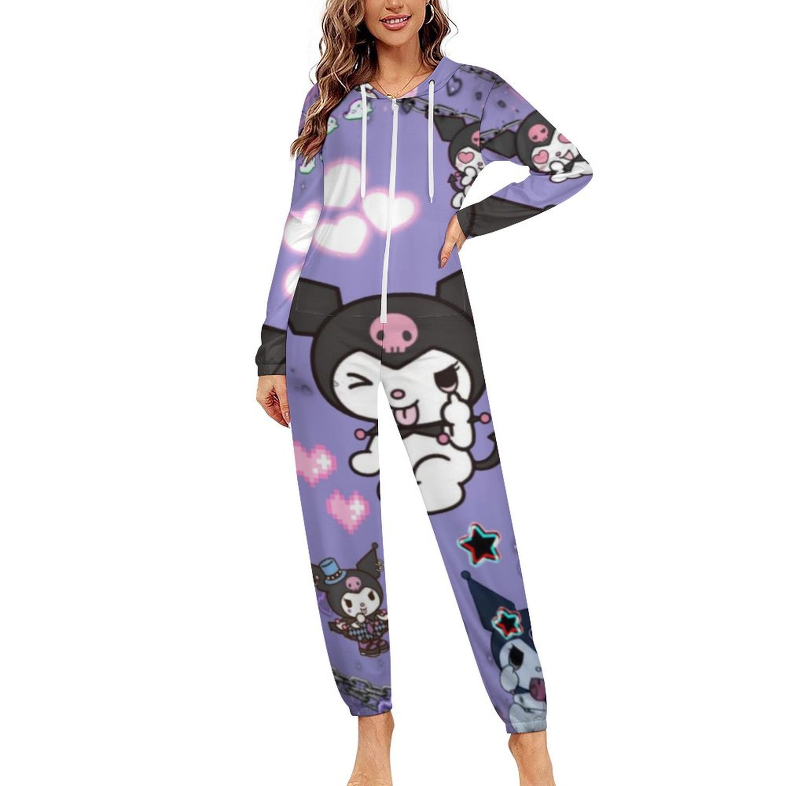 Kuromi And My Melody Unisex Onesie Pajamas Zipper Jumpsuit Hooded One ...