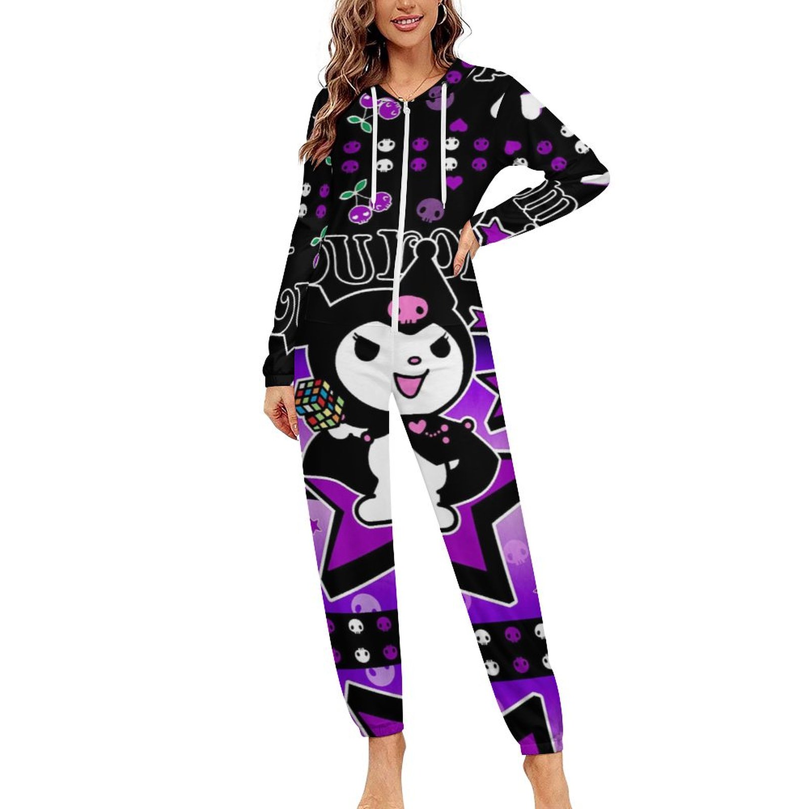 Kuromi And My Melody Unisex Onesie Pajamas Zipper Jumpsuit Hooded One ...