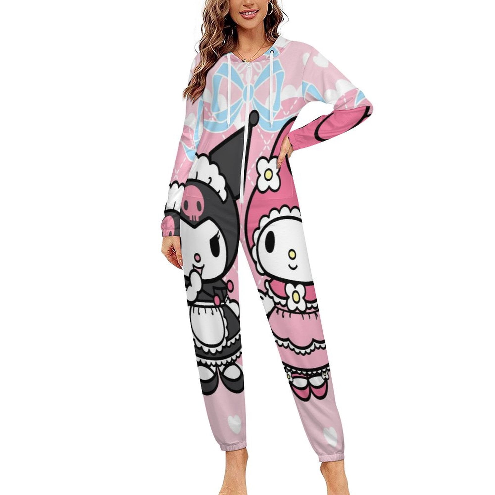 Kuromi And My Melody Unisex Onesie Pajamas Zipper Jumpsuit Hooded One ...