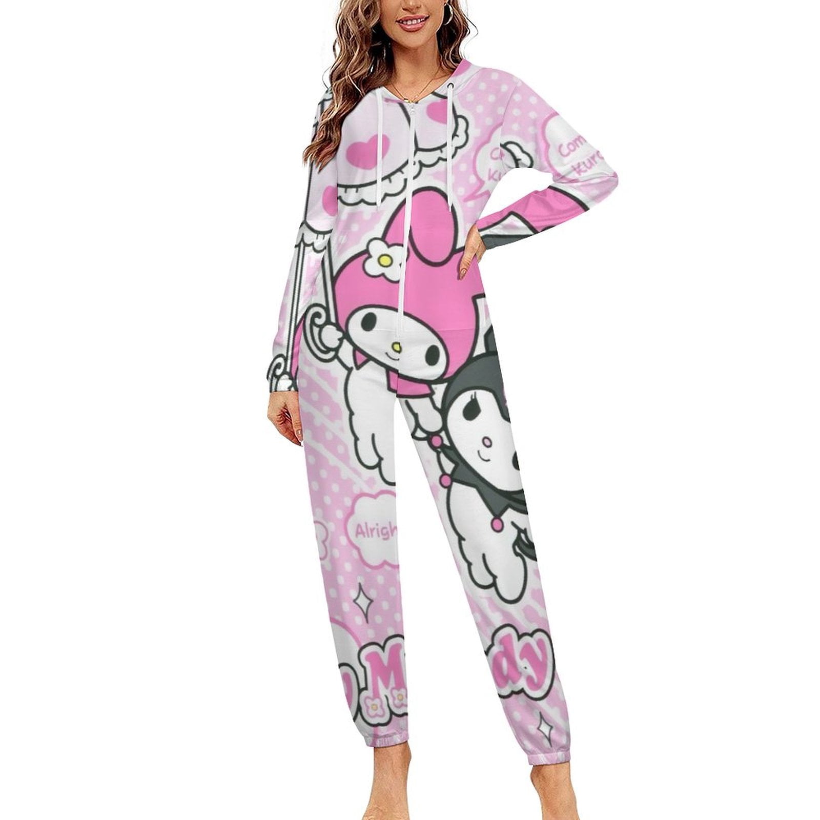 Kuromi And My Melody Unisex Onesie Pajamas Zipper Jumpsuit Hooded One ...