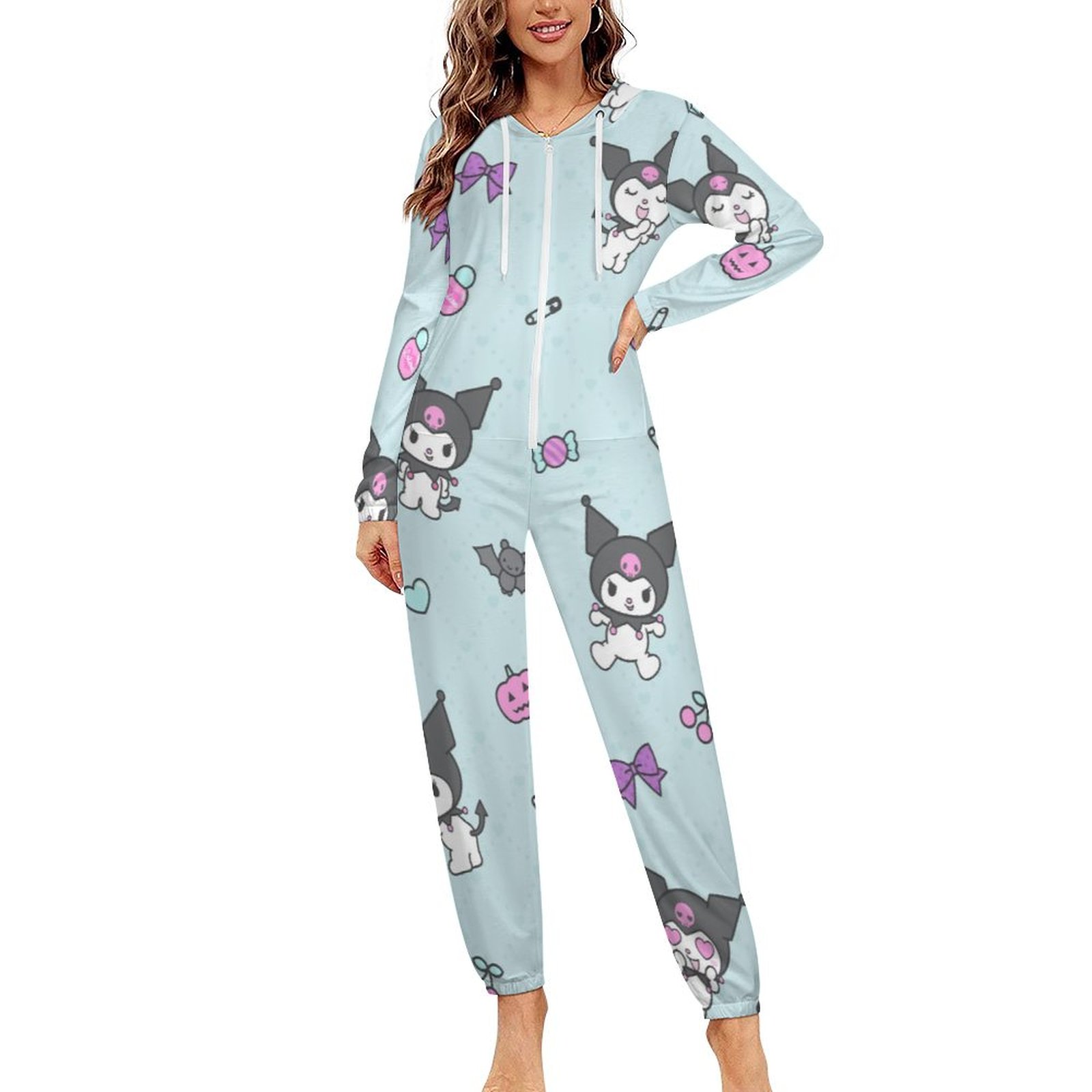 Kuromi And My Melody Unisex Onesie Pajamas Zipper Jumpsuit Hooded One ...