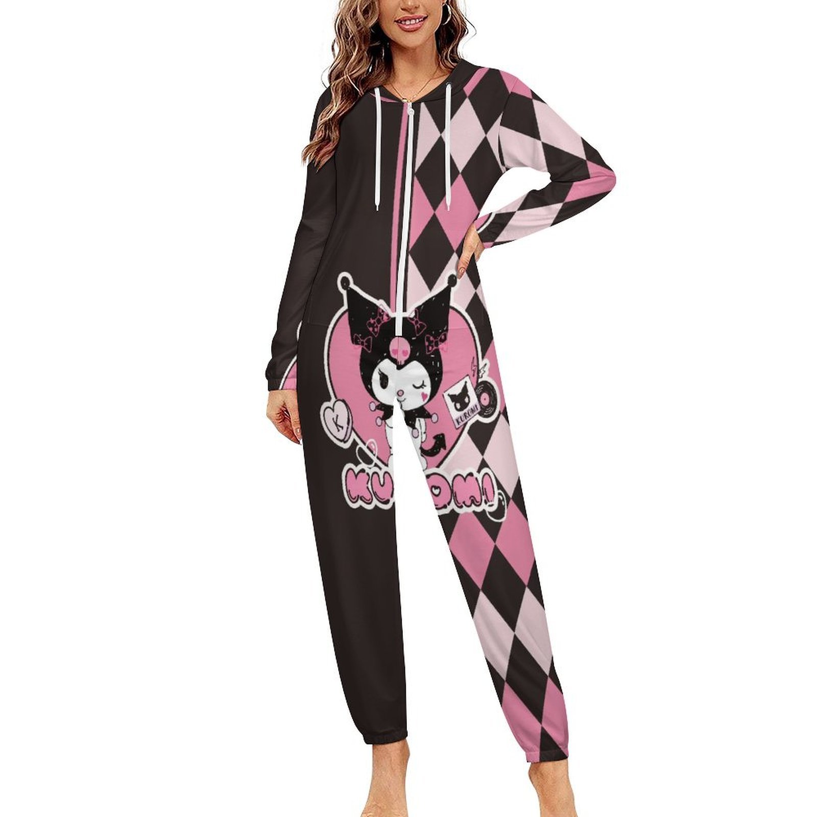 Kuromi And My Melody Unisex Onesie Pajamas Zipper Jumpsuit Hooded One ...