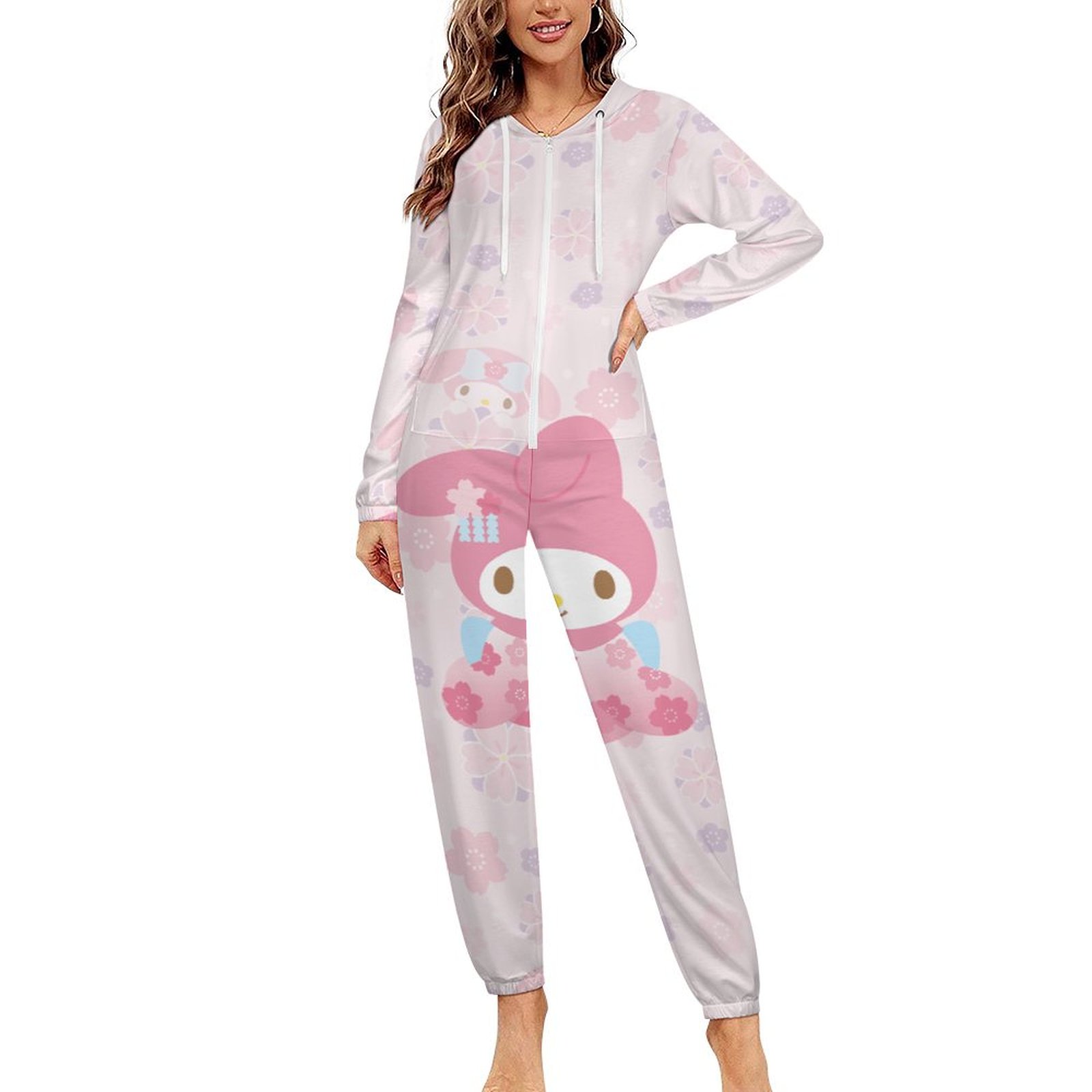 Kuromi And My Melody Unisex Onesie Pajamas Zipper Jumpsuit Hooded One ...
