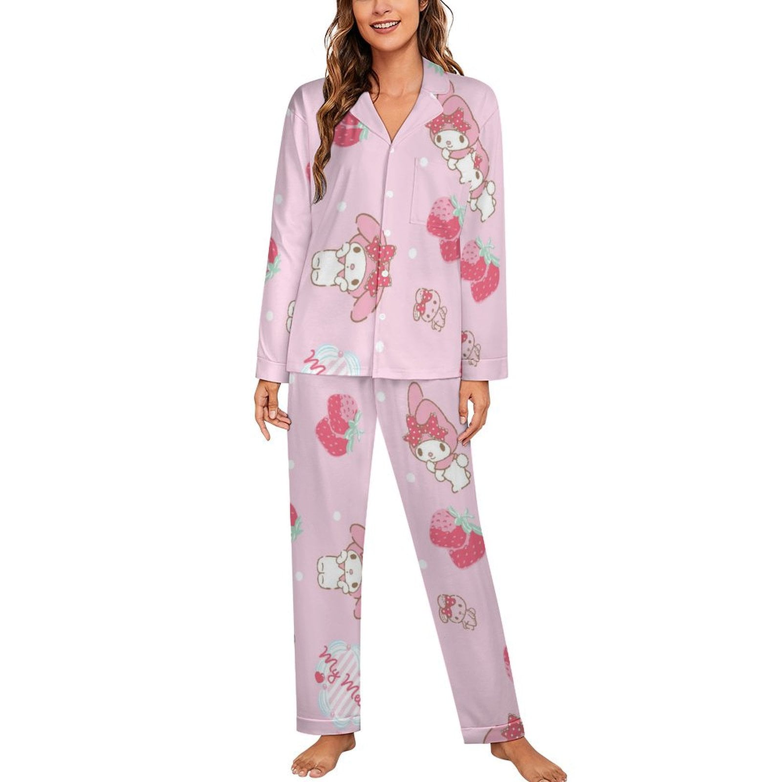 Kuromi And My Melody Women Pajamas Set Long Sleeve Sleepwear Button ...