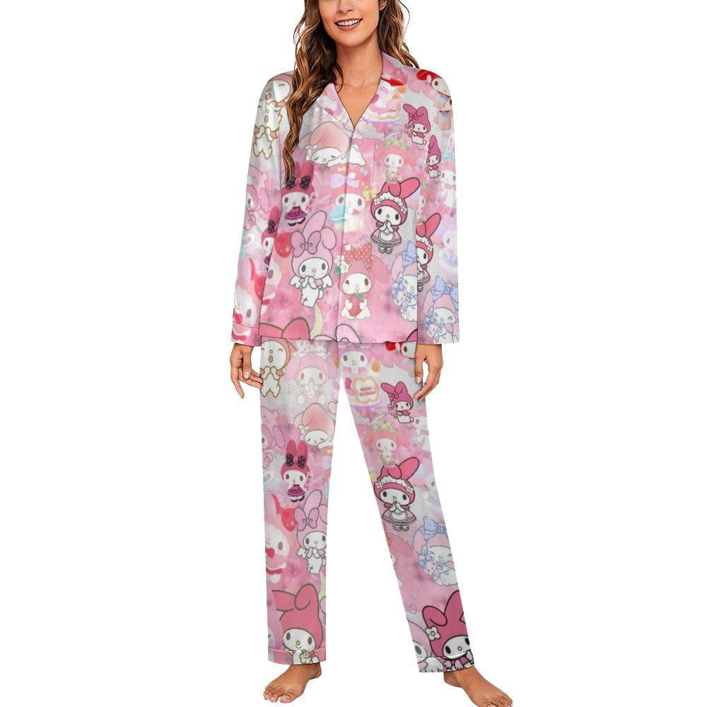 Kuromi And My Melody Women Pajamas Set Long Sleeve Sleepwear Button ...