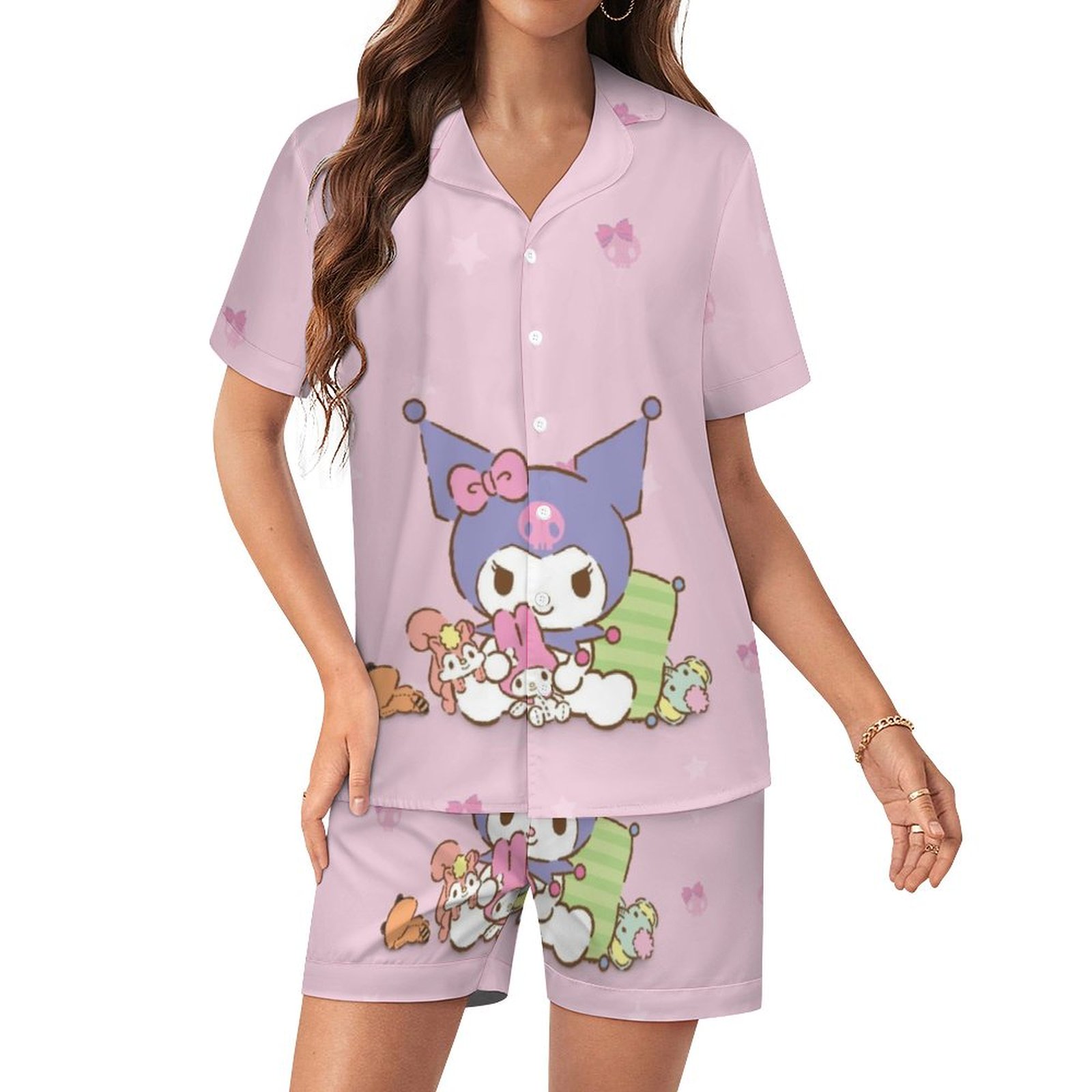Kuromi And My Melody Women Pajamas Set Short Sleeve Sleepwear Button ...