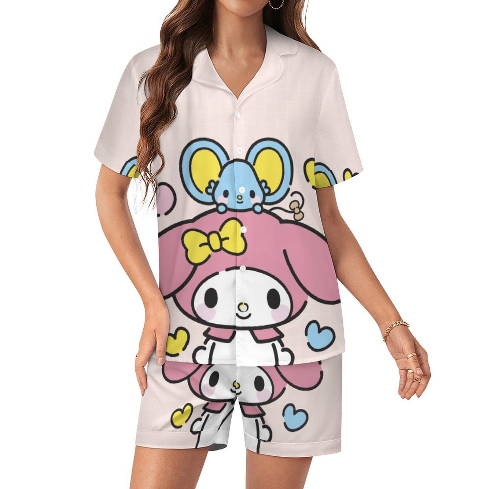 Kuromi And My Melody Women Pajamas Set Short Sleeve Sleepwear Button ...