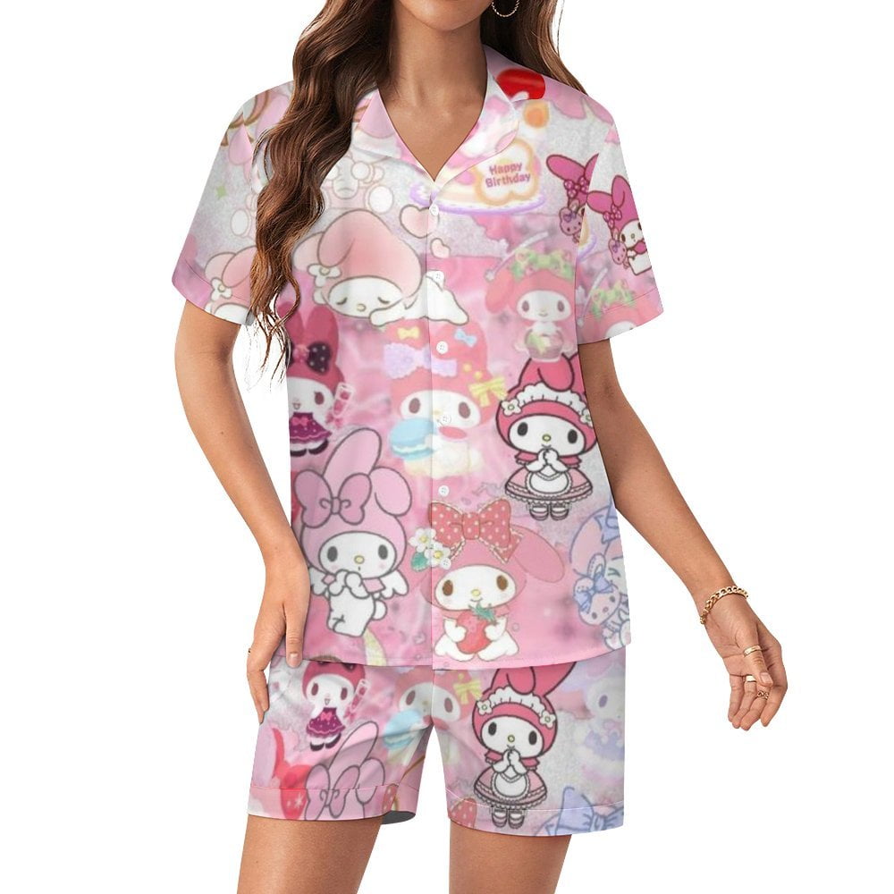 Kuromi And My Melody Women Pajamas Set Short Sleeve Sleepwear Button ...