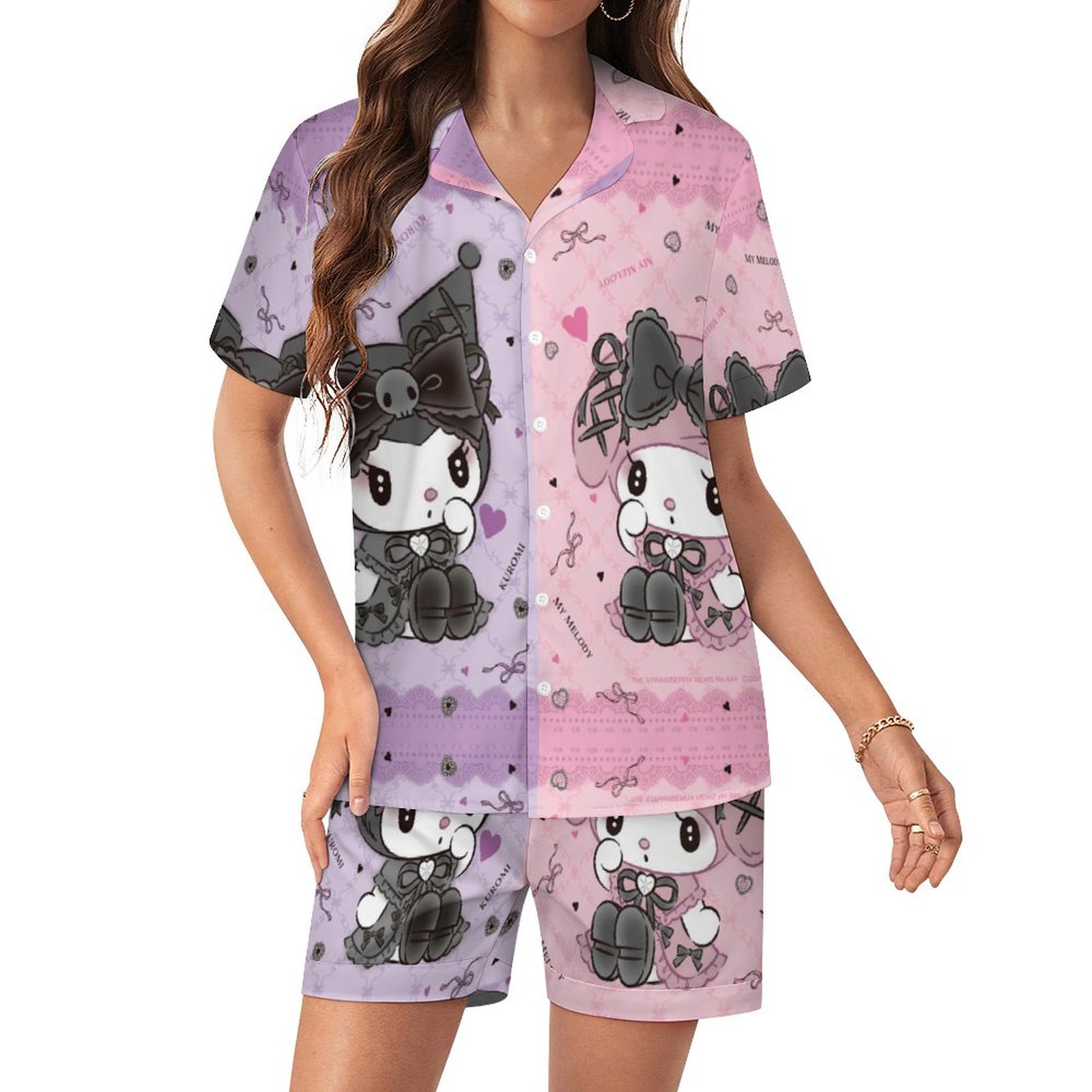 Kuromi And My Melody Women Pajamas Set Short Sleeve Sleepwear Button ...