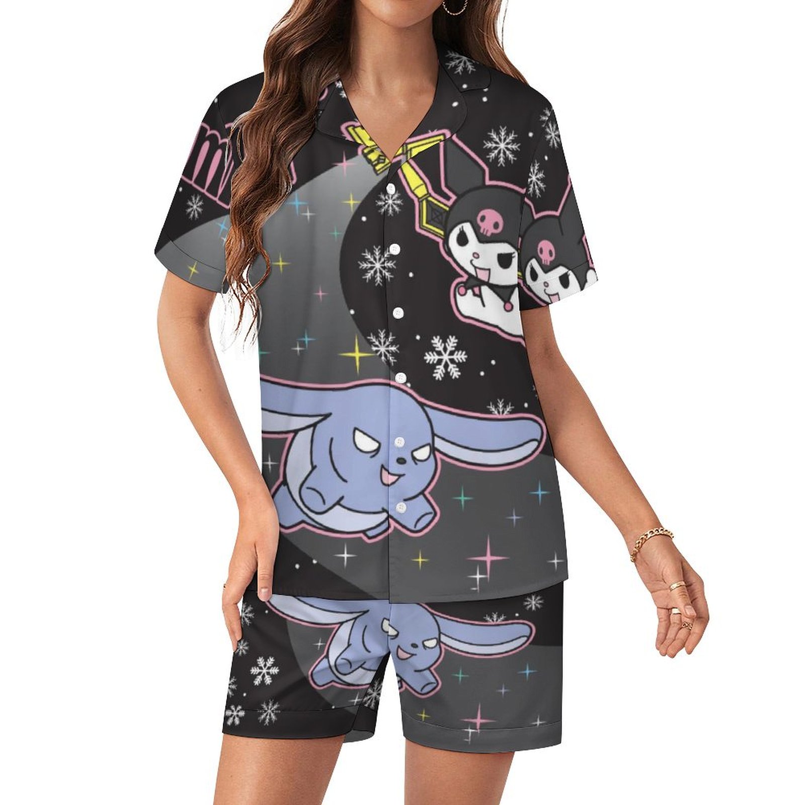 Kuromi And My Melody Women Pajamas Set Short Sleeve Sleepwear Button ...