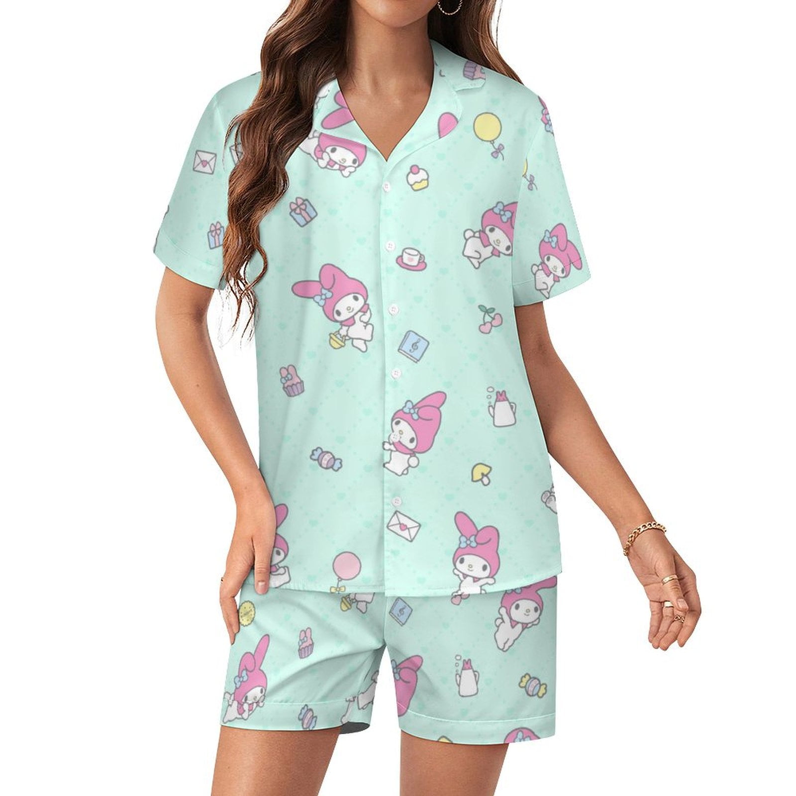 Kuromi And My Melody Women Pajamas Set Short Sleeve Sleepwear Button ...